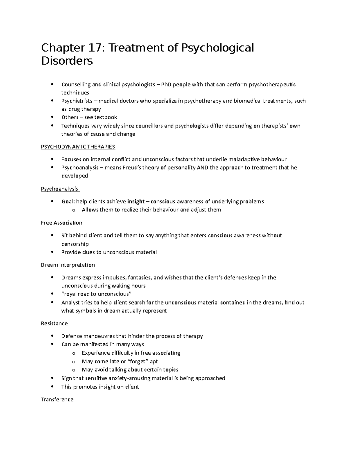 Psych - Chapter 17 - Essential notes - Chapter 17: Treatment of ...