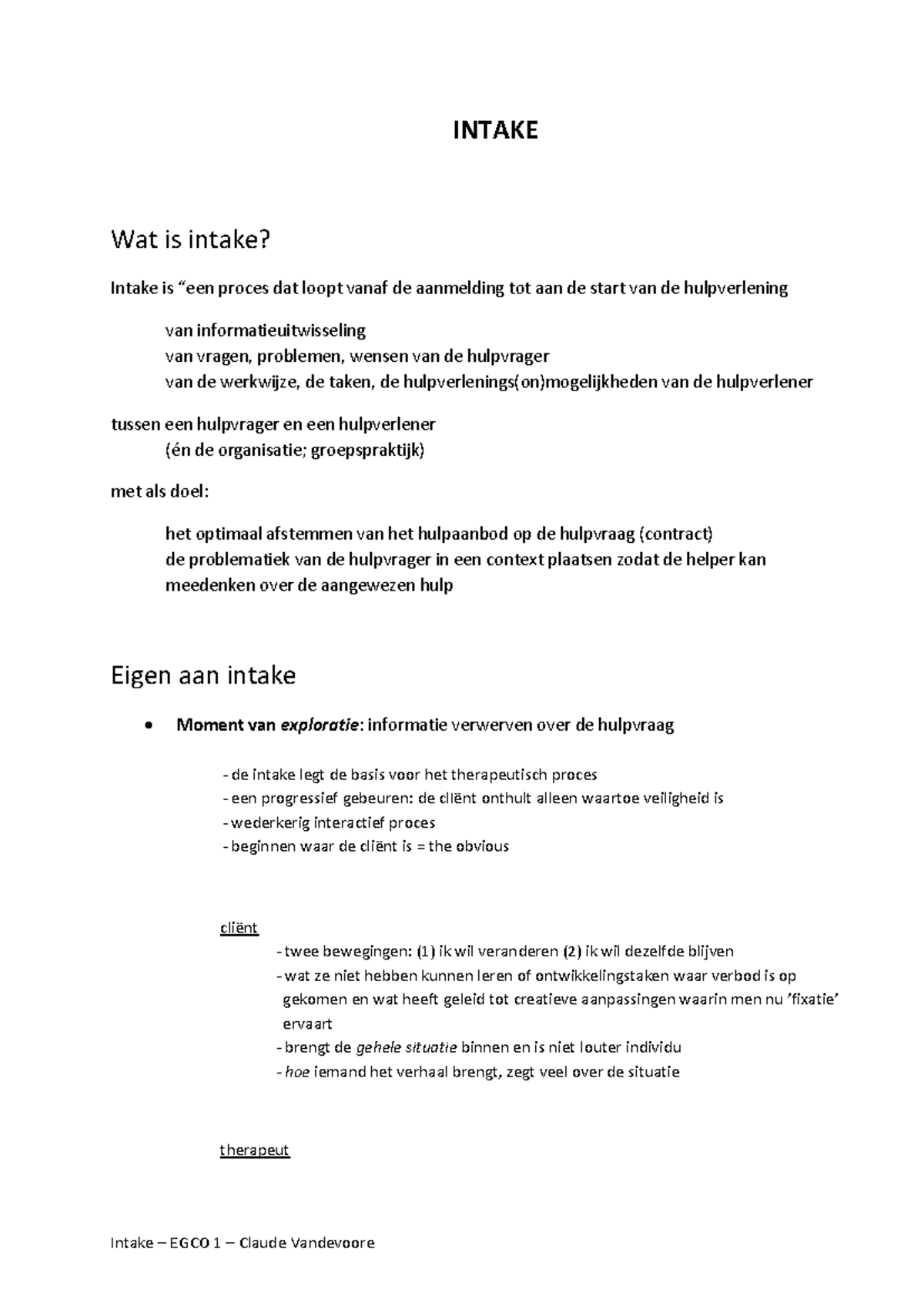 EGCO intake proces - ifv psychopathologie - INTAKE Wat is intake ...