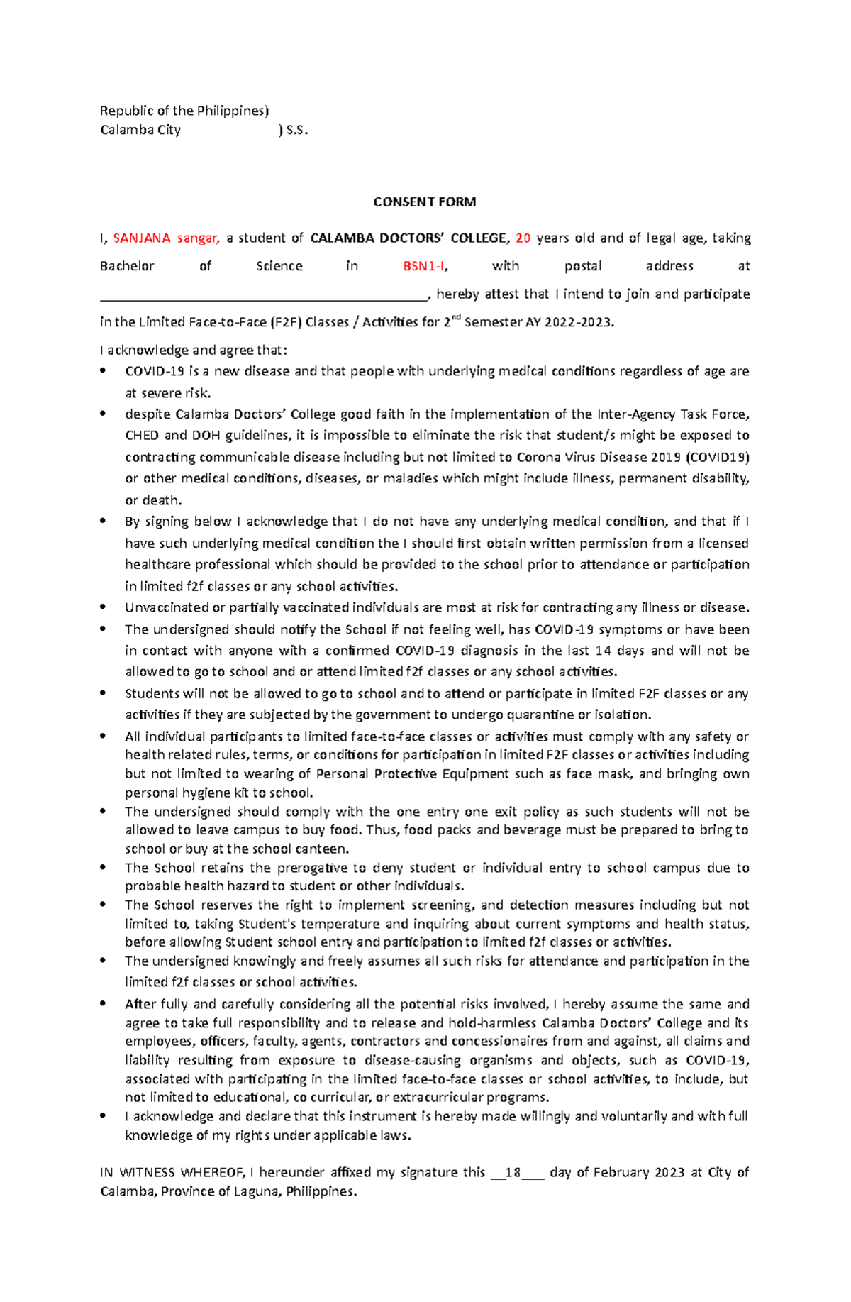 Students Consent FORM 2nd Sem AY 2022 2023 - Republic of the ...