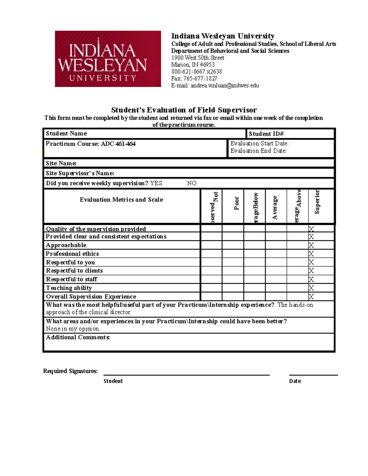 Final Practicum Evaluation of Supervisor - Student’s Evaluation of Field Supervisor This form ...