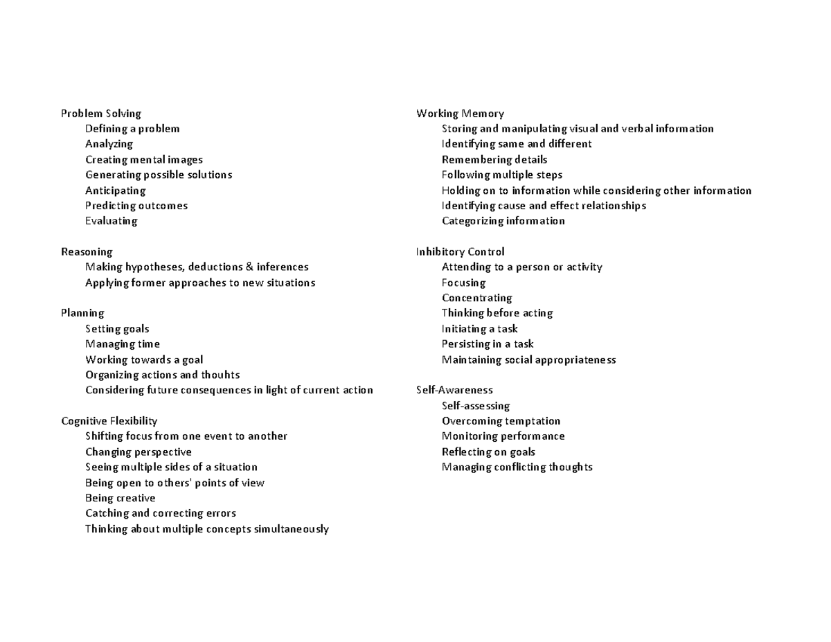 Executive Function - Problem Solving Working Memory Defining a problem Storing and manipulating ...