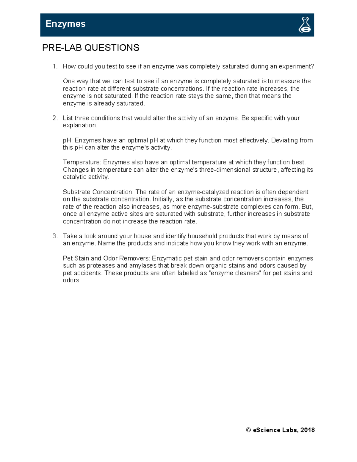 IB 1108 L08 Enzymes - N/A - PRE-LAB QUESTIONS How could you test to see ...