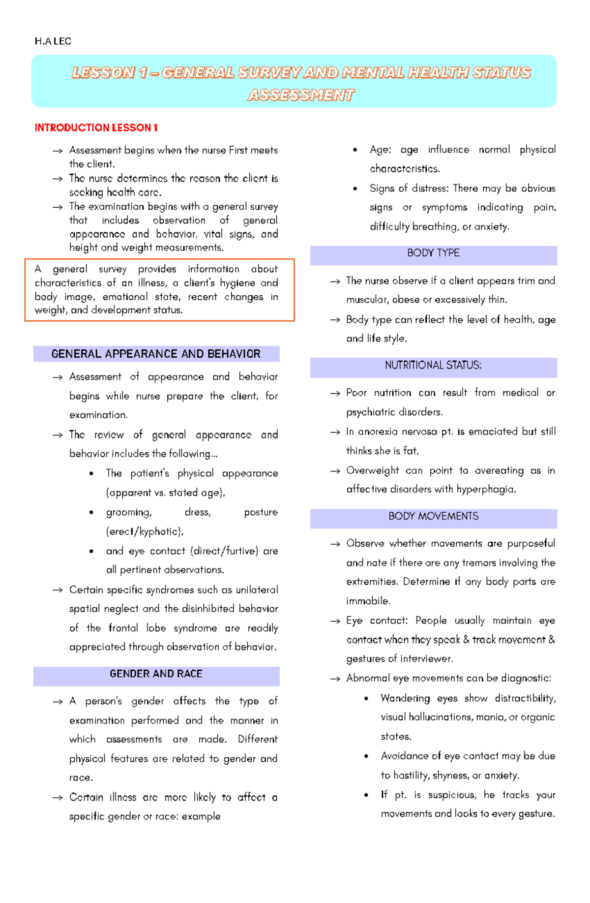 H. A LEC Midterms Reviewer - H LEC → → → GENERAL APPEARANCE AND ...