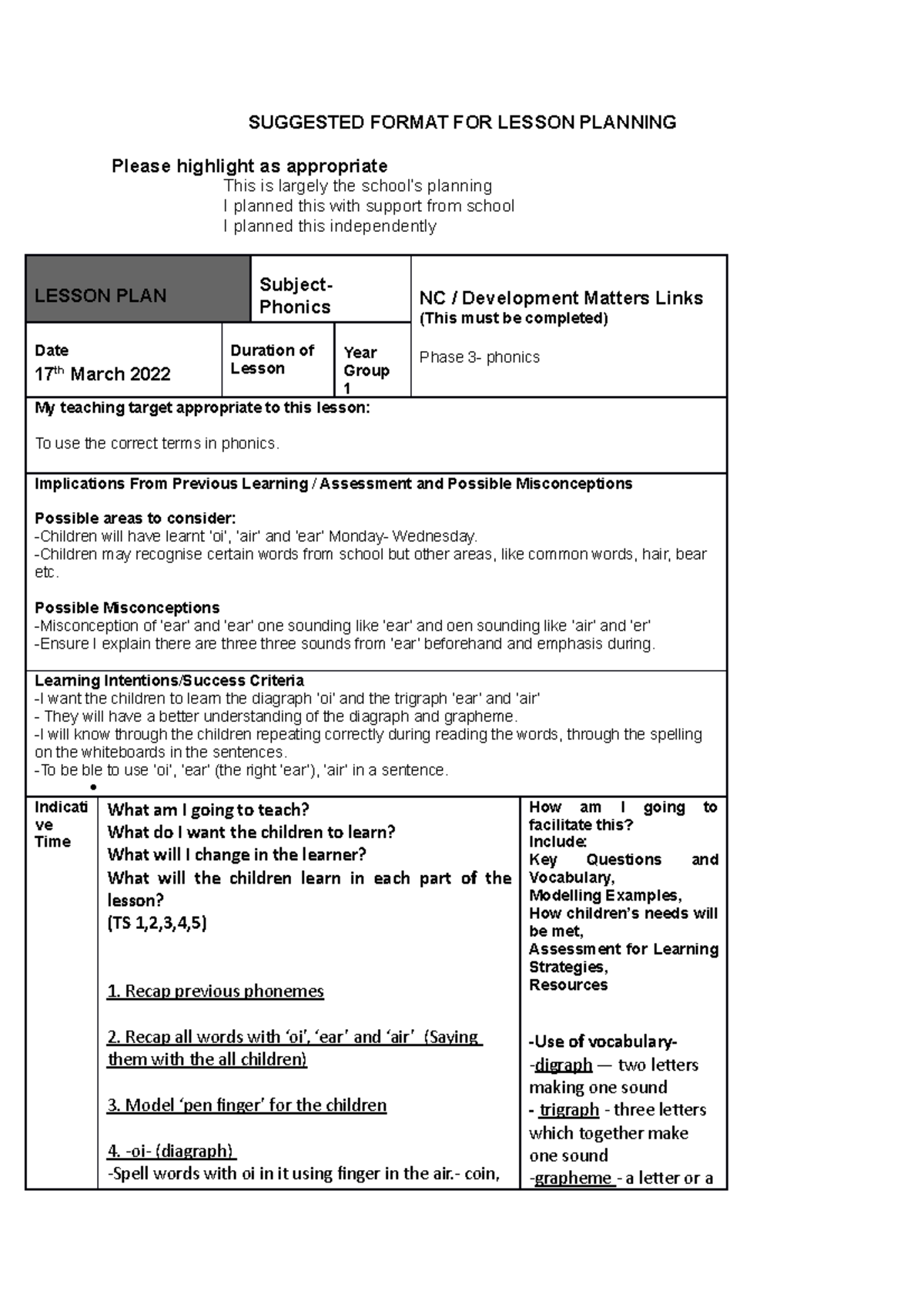 Lesson Plan- phonics- 'oi', 'ear' and 'air' - SUGGESTED FORMAT FOR ...