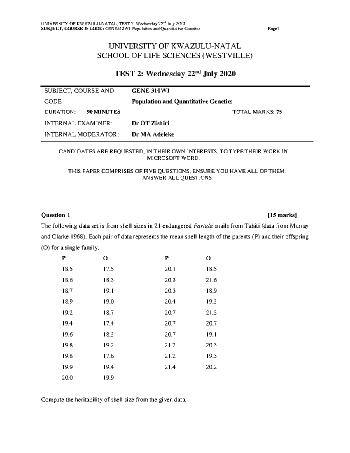 GENE310 W1 TEST 2 2020 - Test - SUBJECT, COURSE & CODE: GENE310W1 ...