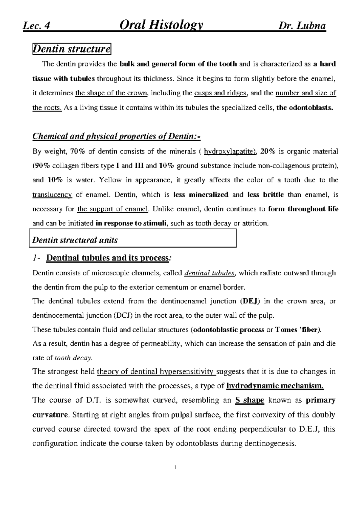 Oral Histology - Embryology - Lec. 4 Oral Histology Dr. Lubna Dentin ...