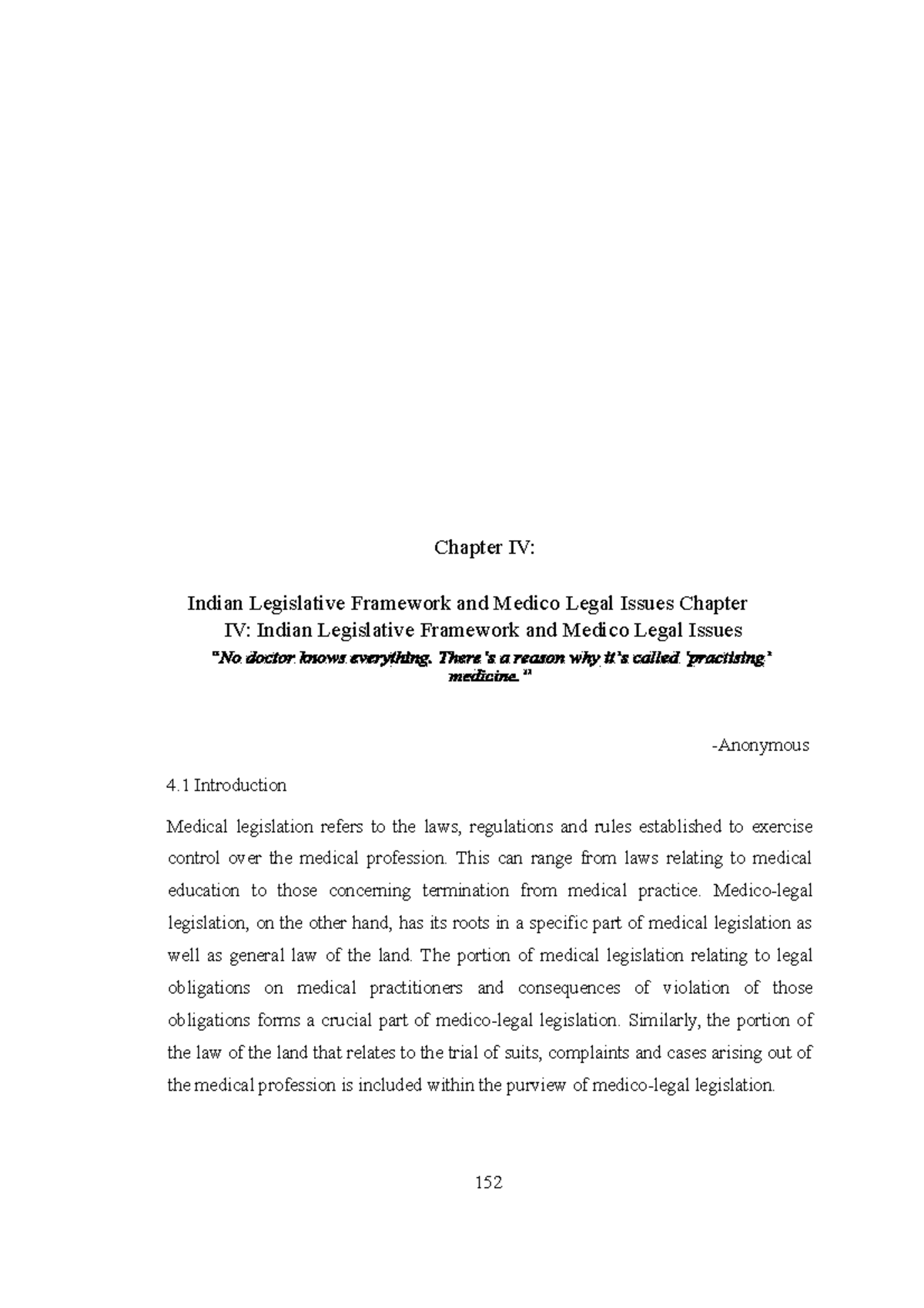 Anu chapter 4 - Chapter IV: Indian Legislative Framework and Medico Legal Issues Chapter IV ...