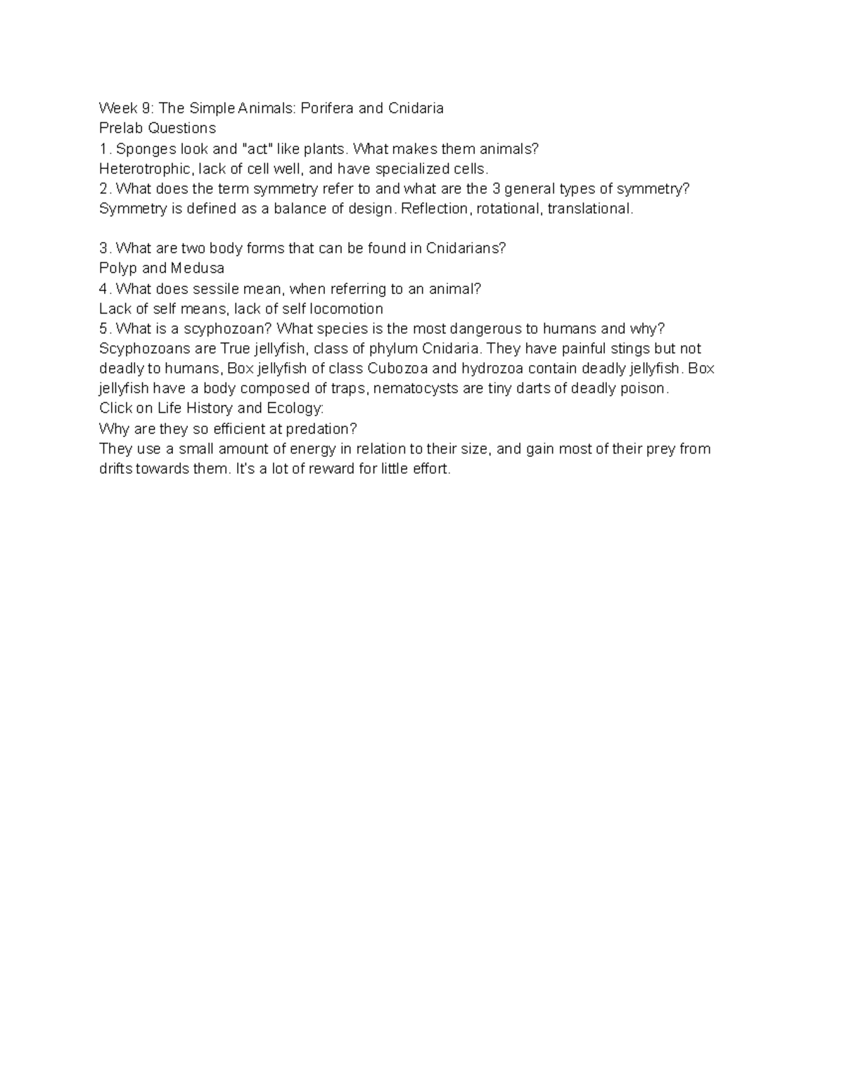 Pre lab week 9 - Assignment with detailed answers - Week 9: The Simple Animals: Porifera and ...