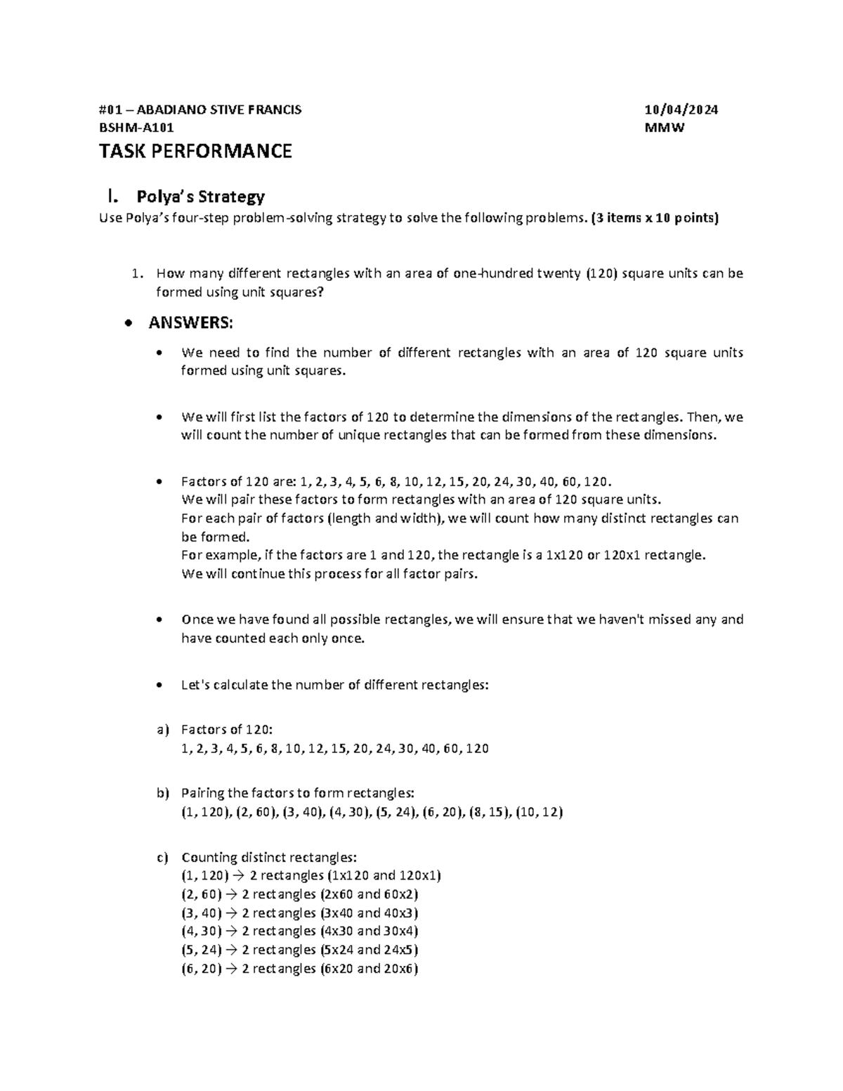 Polya's Strategy - #01 – ABADIANO STIVE FRANCIS 10/04/ BSHM-A101 MMW TASK PERFORMANCE I. Polya’s ...