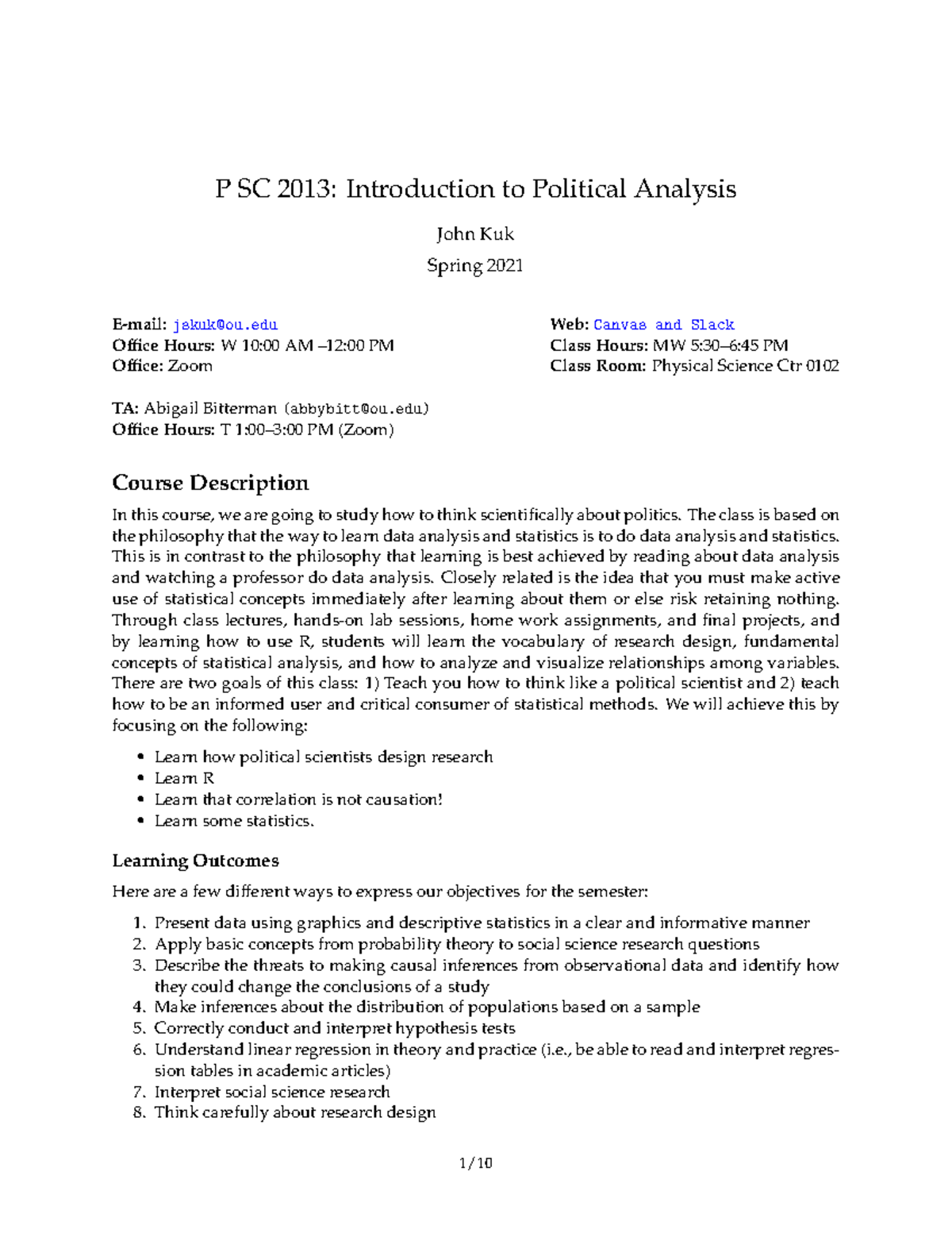 Syllabus psc 2013 901 spring 2021 - P SC 2013: Introduction to ...