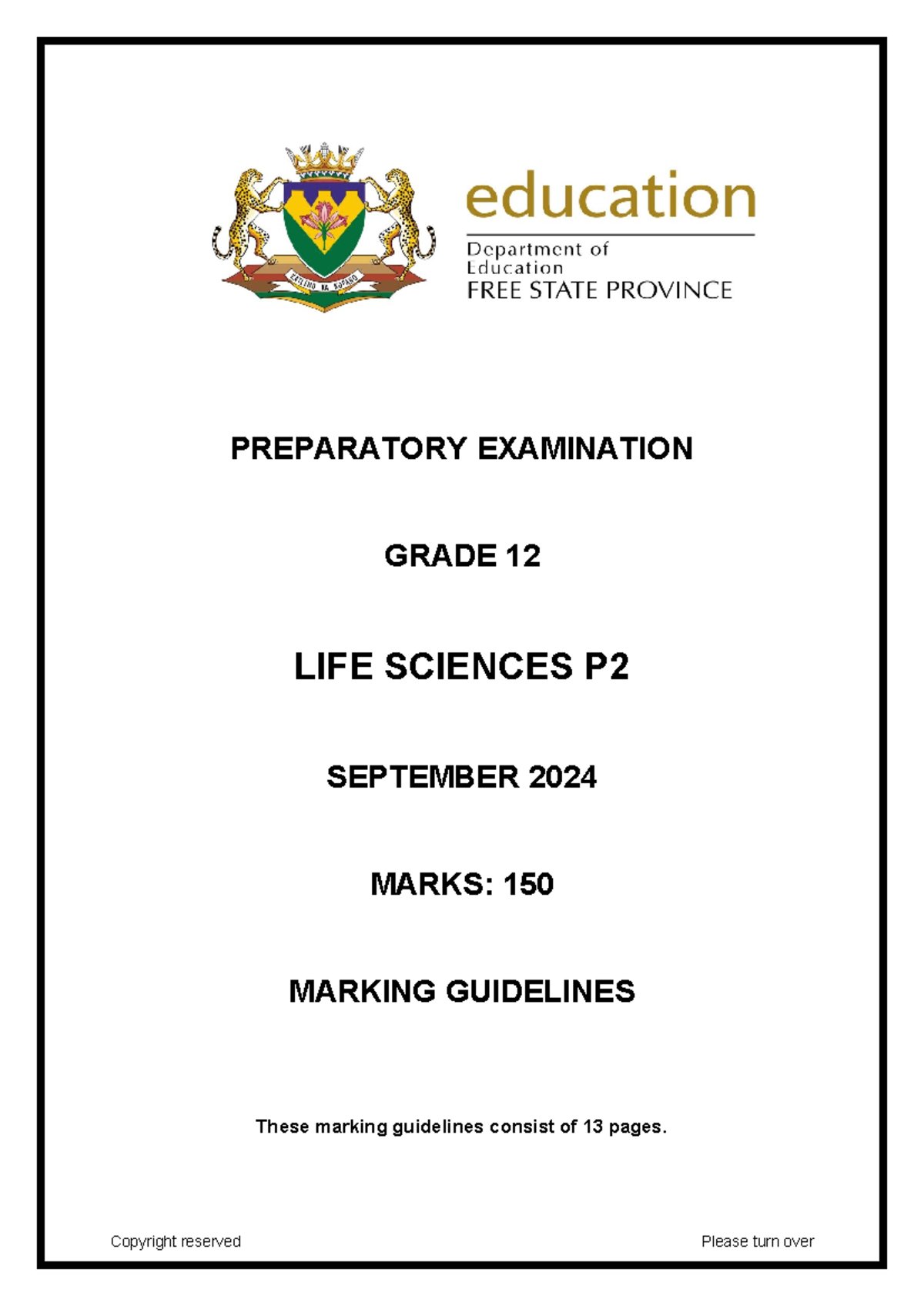 LIFE Sciences P2 PREP SEPT 2024 MG ENG - Grade 12 Prep. Exam. Marking ...