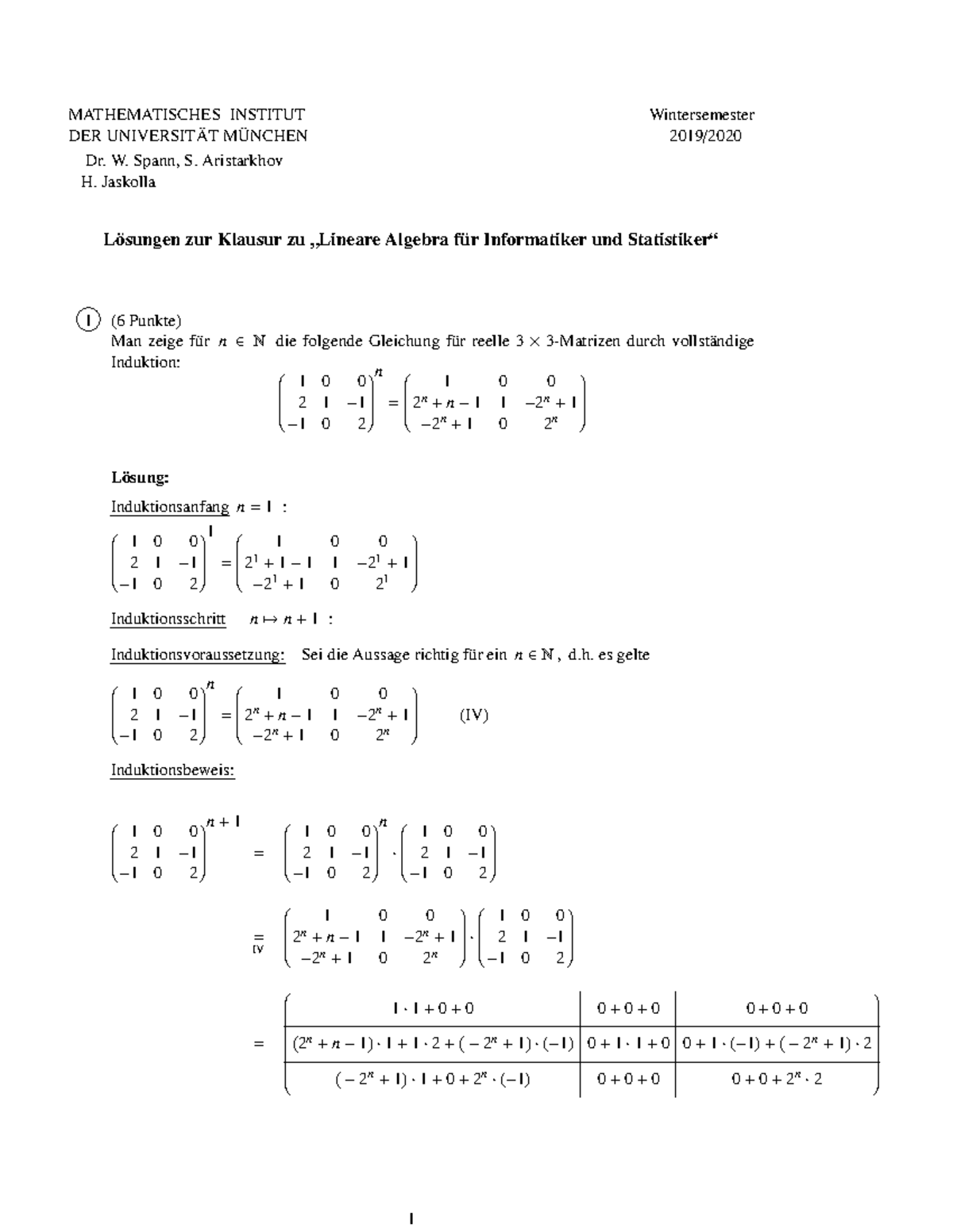 2019 ws linalg 1 spann 2 - Prüfung Lineare Algebra, Klausuraufgaben - MATHEMATISCHES INSTITUT ...