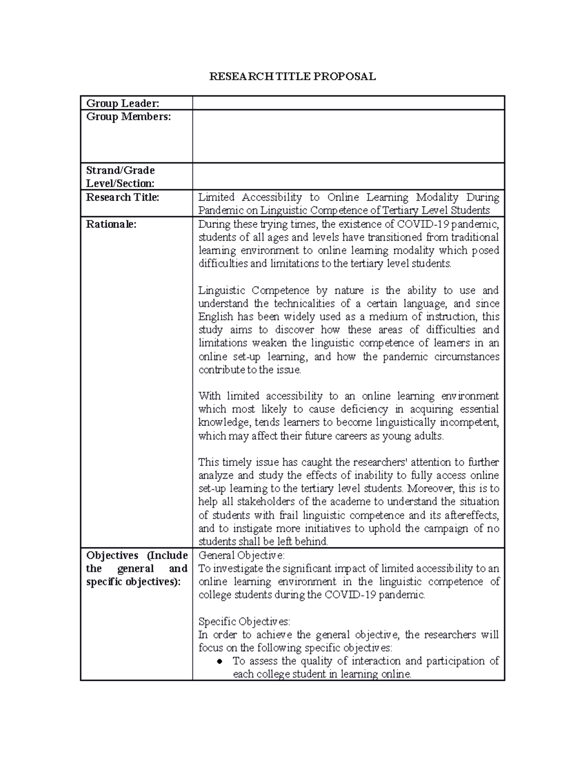 Research- Title- Proposal - RESEARCH TITLE PROPOSAL Group Leader: Group ...