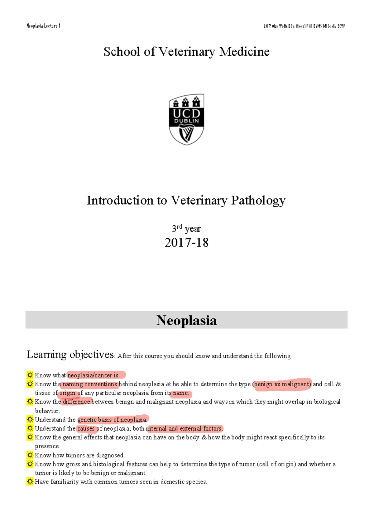 Neoplasia Lecture 1 Notes - School of Veterinary Medicine Introduction ...