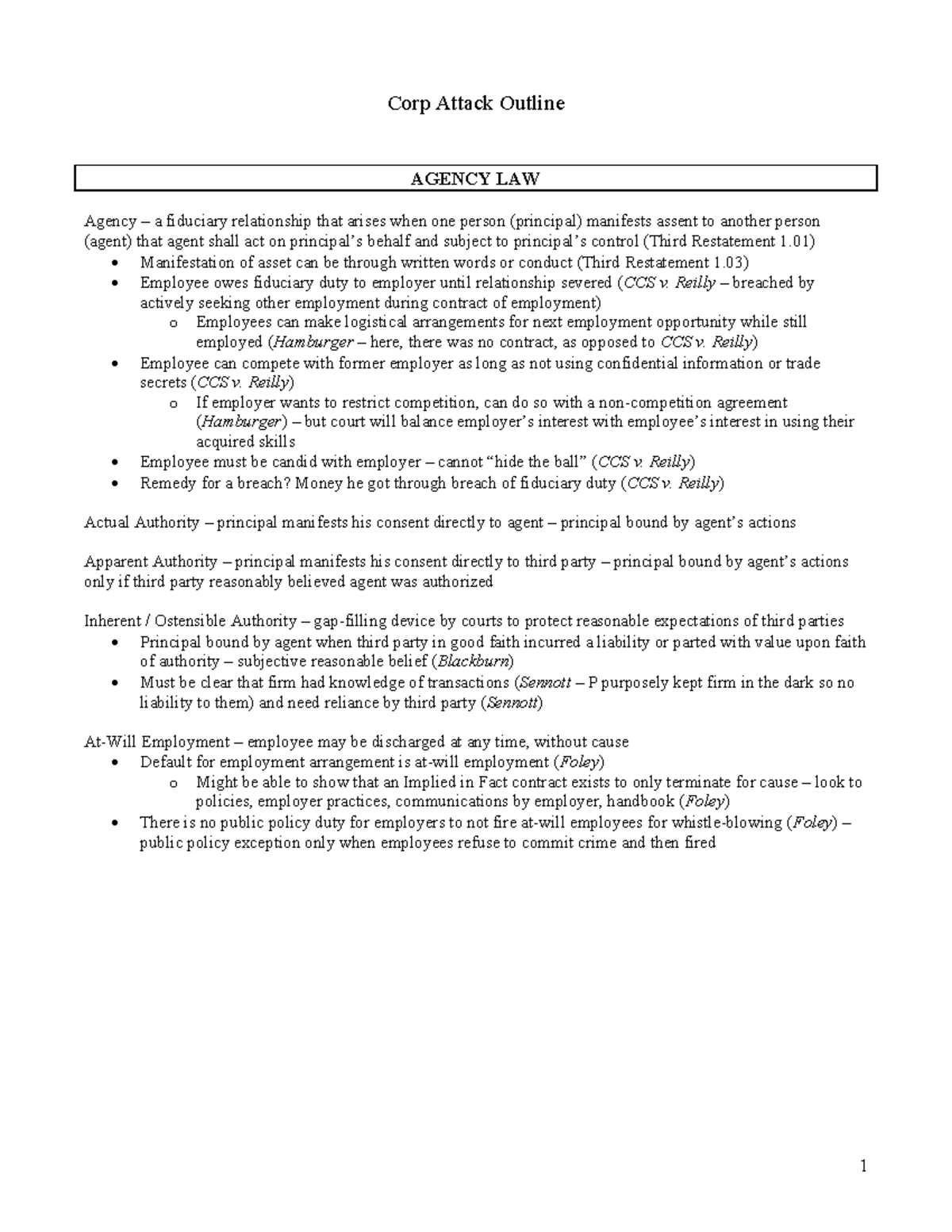 Corporation Checklistand Lecture - Corp Attack Outline AGENCY LAW ...