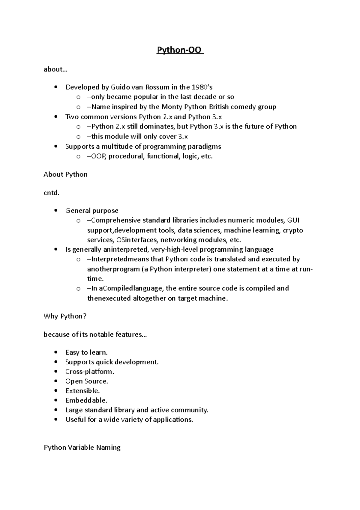 Python programming - Python-OO about... Developed by Guido van Rossum ...