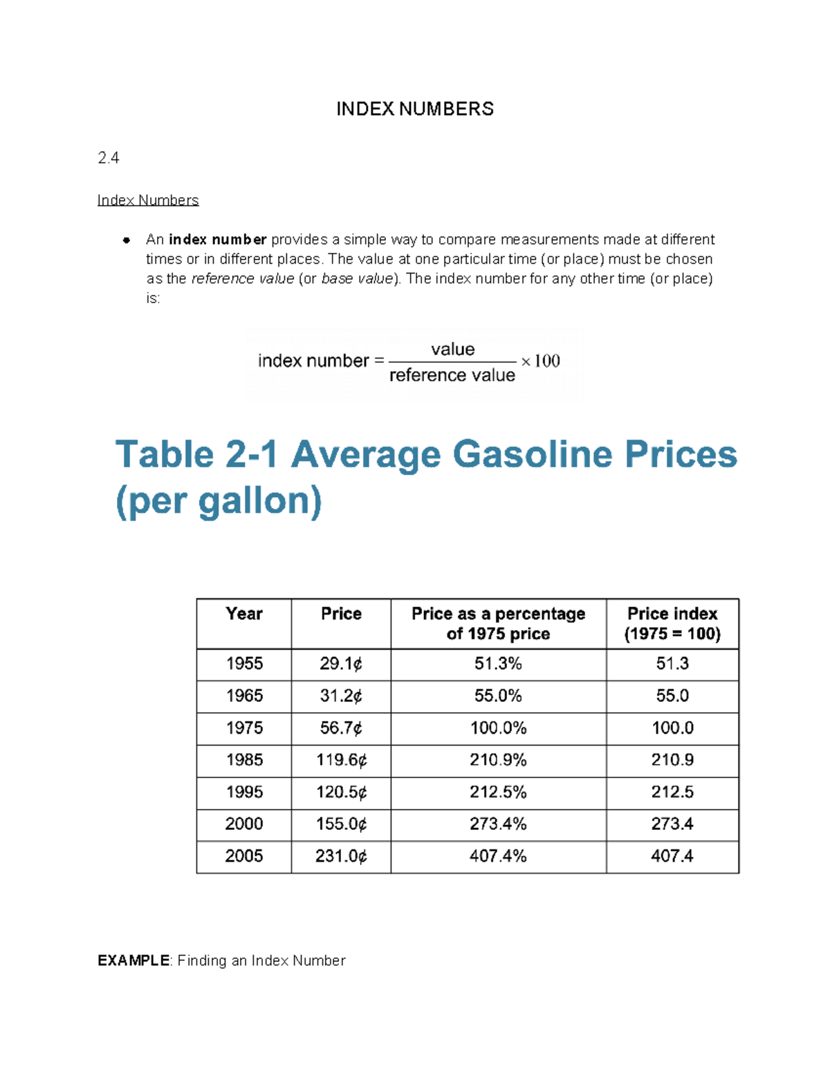 MTH 155 Chapter 2.4 Notes Index Numbers - INDEX NUMBERS 2. Index ...
