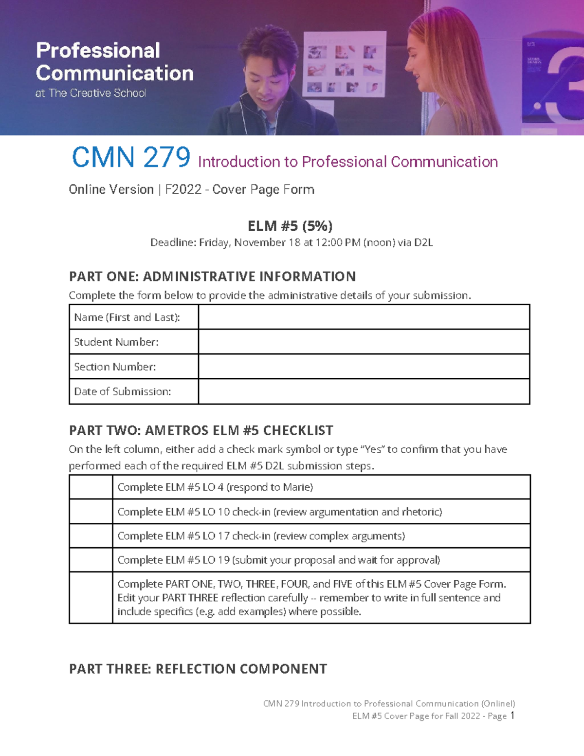 CMN 279 (Online) ELM #5 Cover Page Form - F2022 - CMN 279 Introduction ...