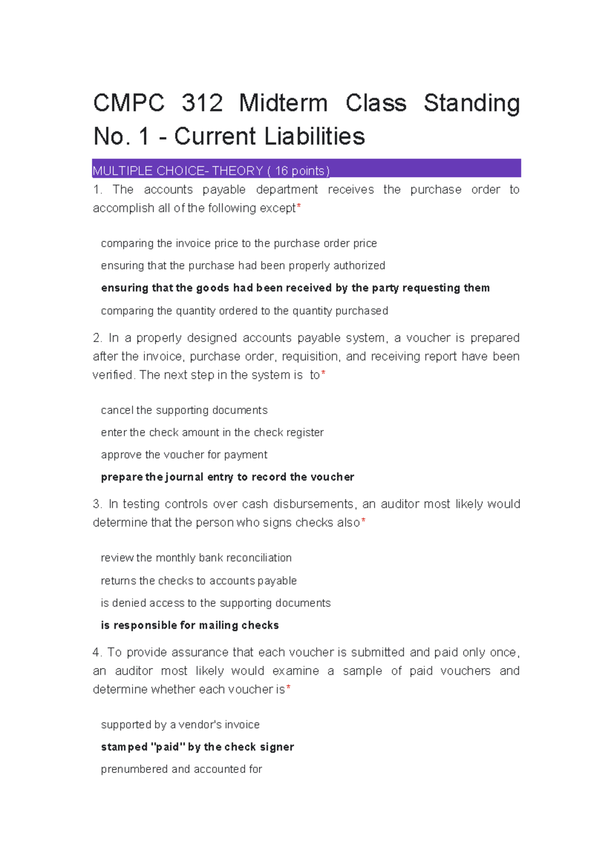 CMPC 312 Midterm Class Standing No - 1 - Current Liabilities MULTIPLE CHOICE- THEORY ( 16 points ...