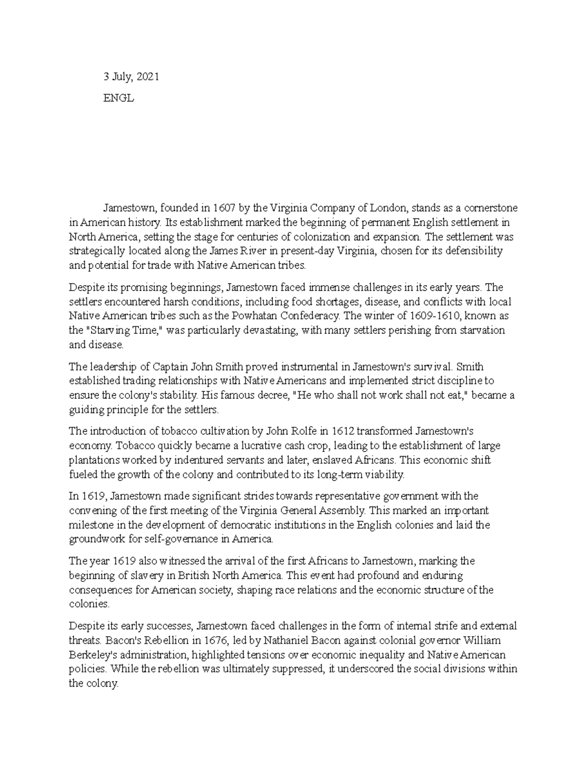 Jamestown 1607 - notes - 3 July, 2021 ENGL Jamestown, founded in 1607 ...