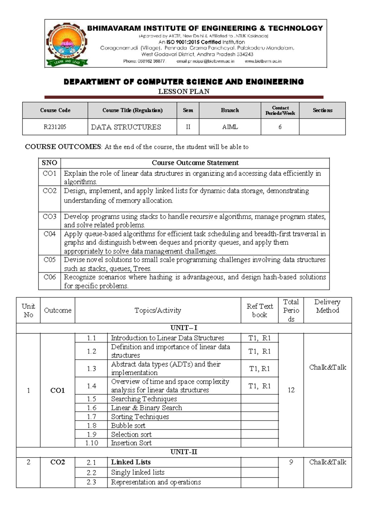Lesson Plan DS - zxcx - DEPARTMENT OF COMPUTER SCIENCE AND ENGINEERING LESSON PLAN COURSE ...