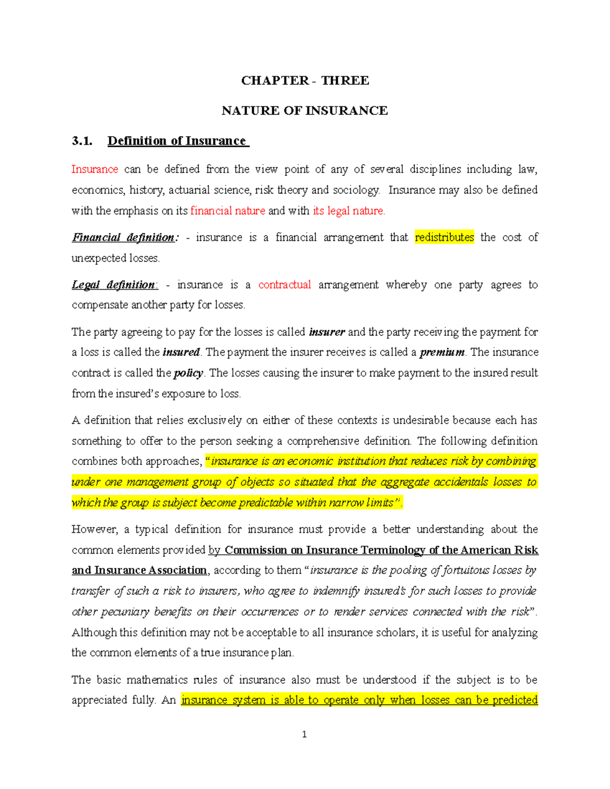 Risk ch3 ins - Course material - CHAPTER - THREE NATURE OF INSURANCE 3 ...