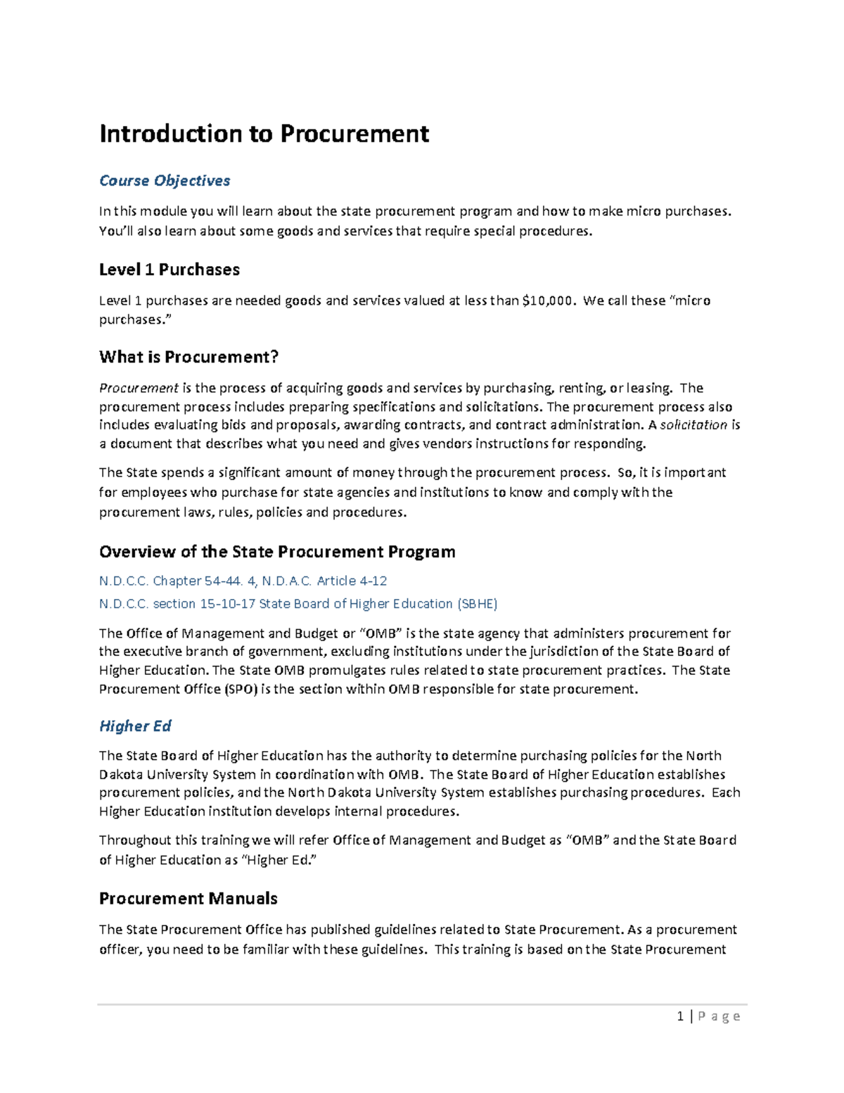 Introduction to Procurement Handout - Introduction to Procurement Course Objectives In this ...
