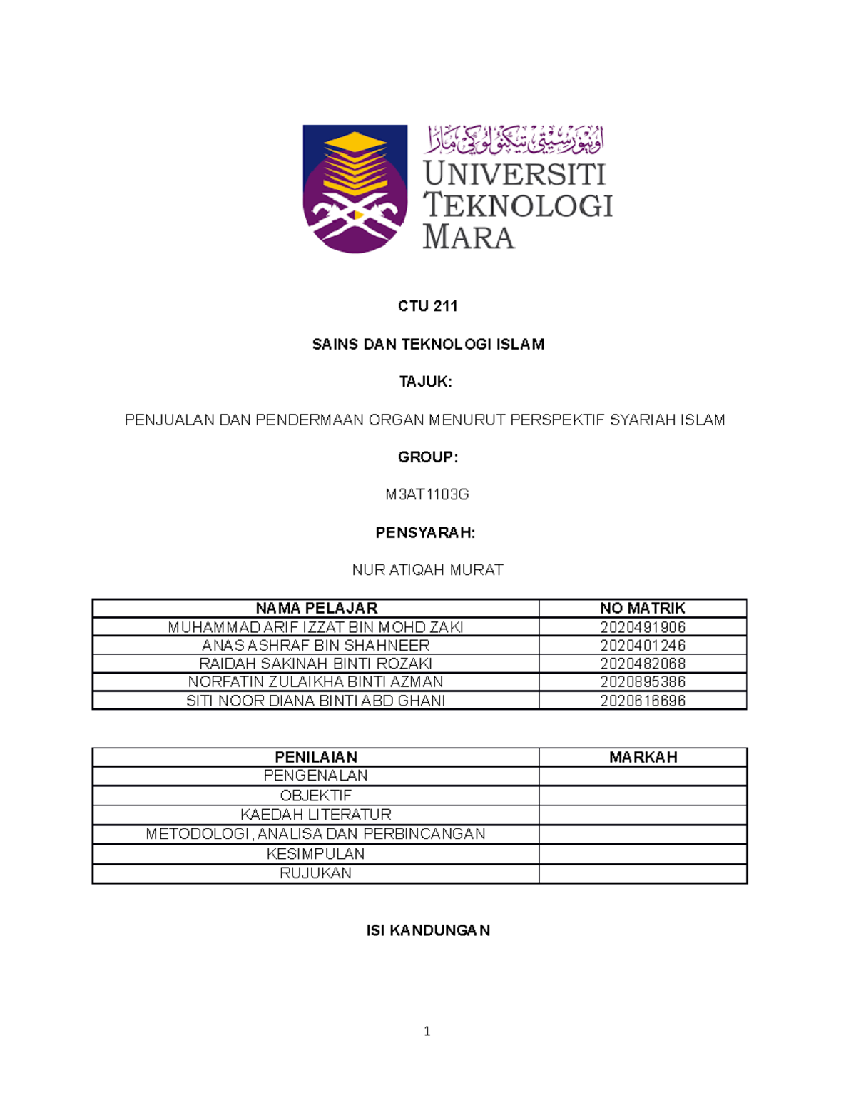 Kertas Kerja CTU211 SEM 3 - CTU 211 SAINS DAN TEKNOLOGI ISLAM TAJUK: PENJUALAN DAN PENDERMAAN ...