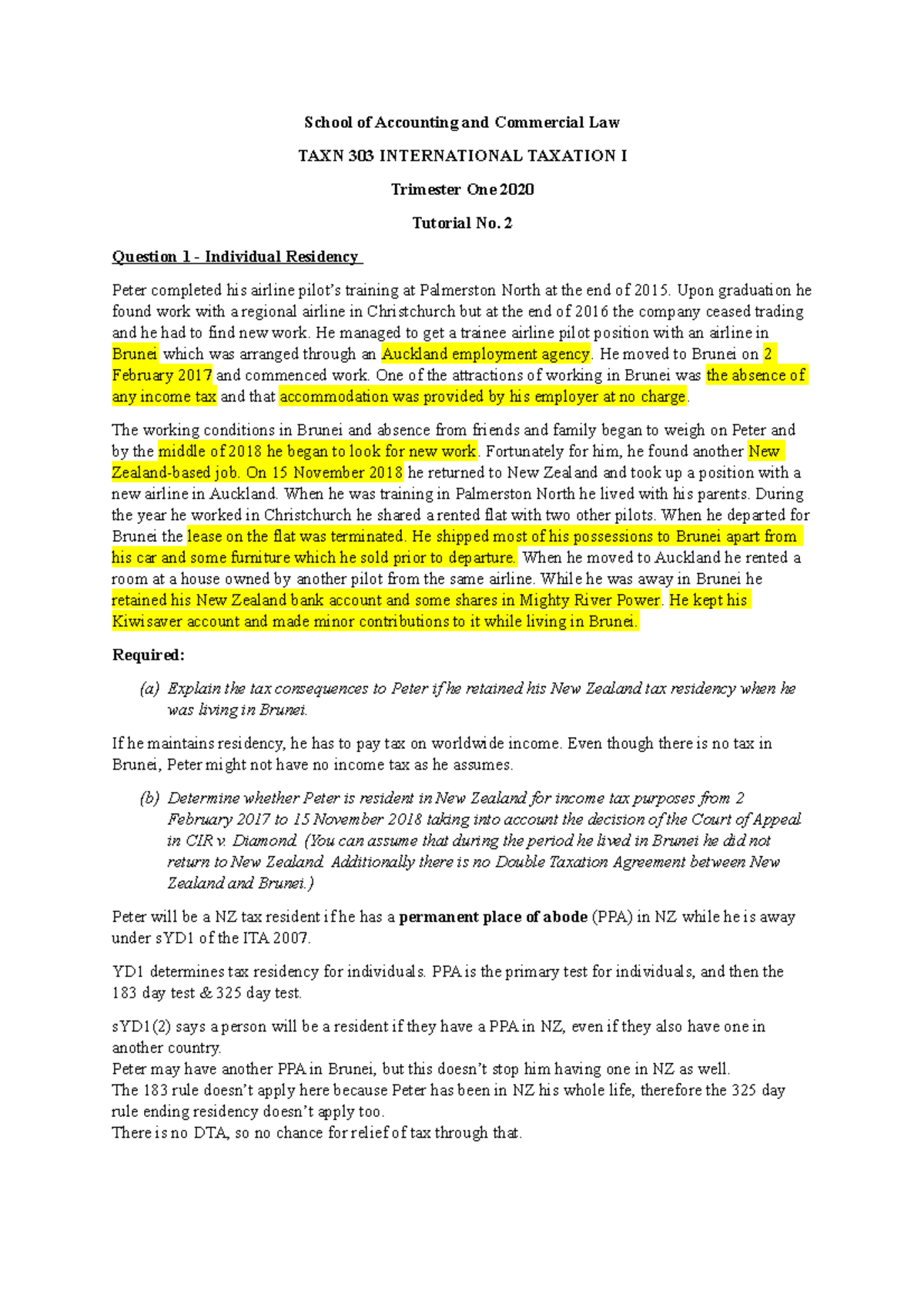 Tutorial 2 - Residency & Source - School of Accounting and Commercial ...