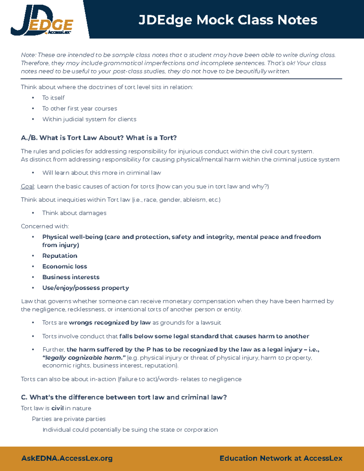 Mock Class Notes 072023 - Note: These are intended to be sample class ...