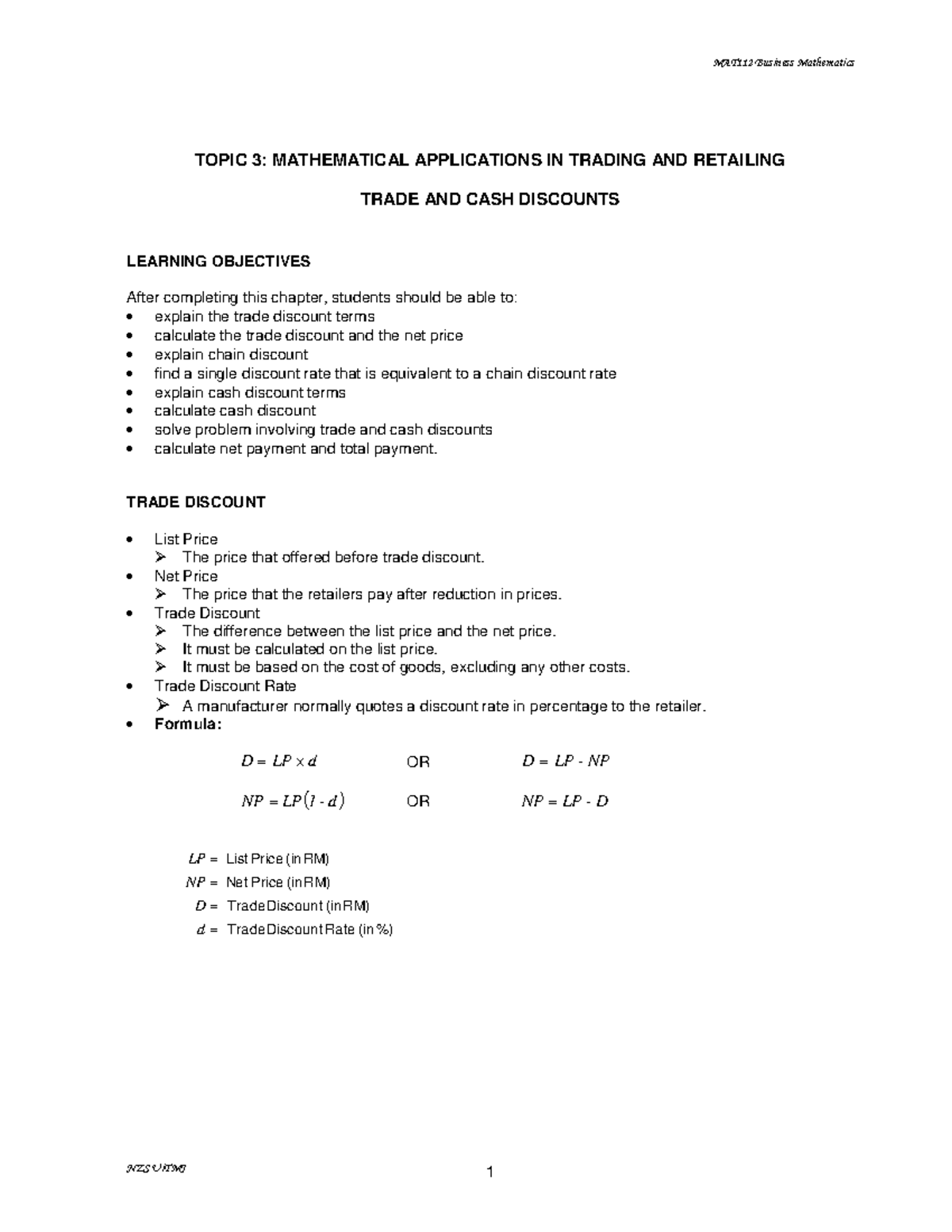 Topic 3 Trade AND CASH Discounts ODL - NZS UiTMJ ####### TOPIC 3 ...
