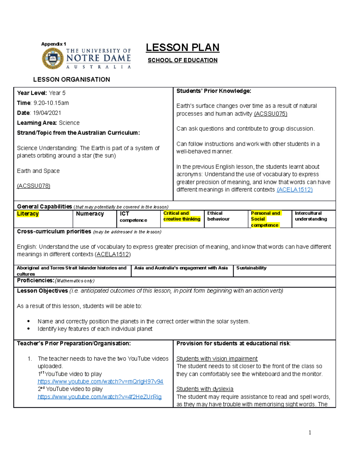 Year 5 Science (Solar System) Lesson Plan - Appendix 1 LESSON PLAN ...