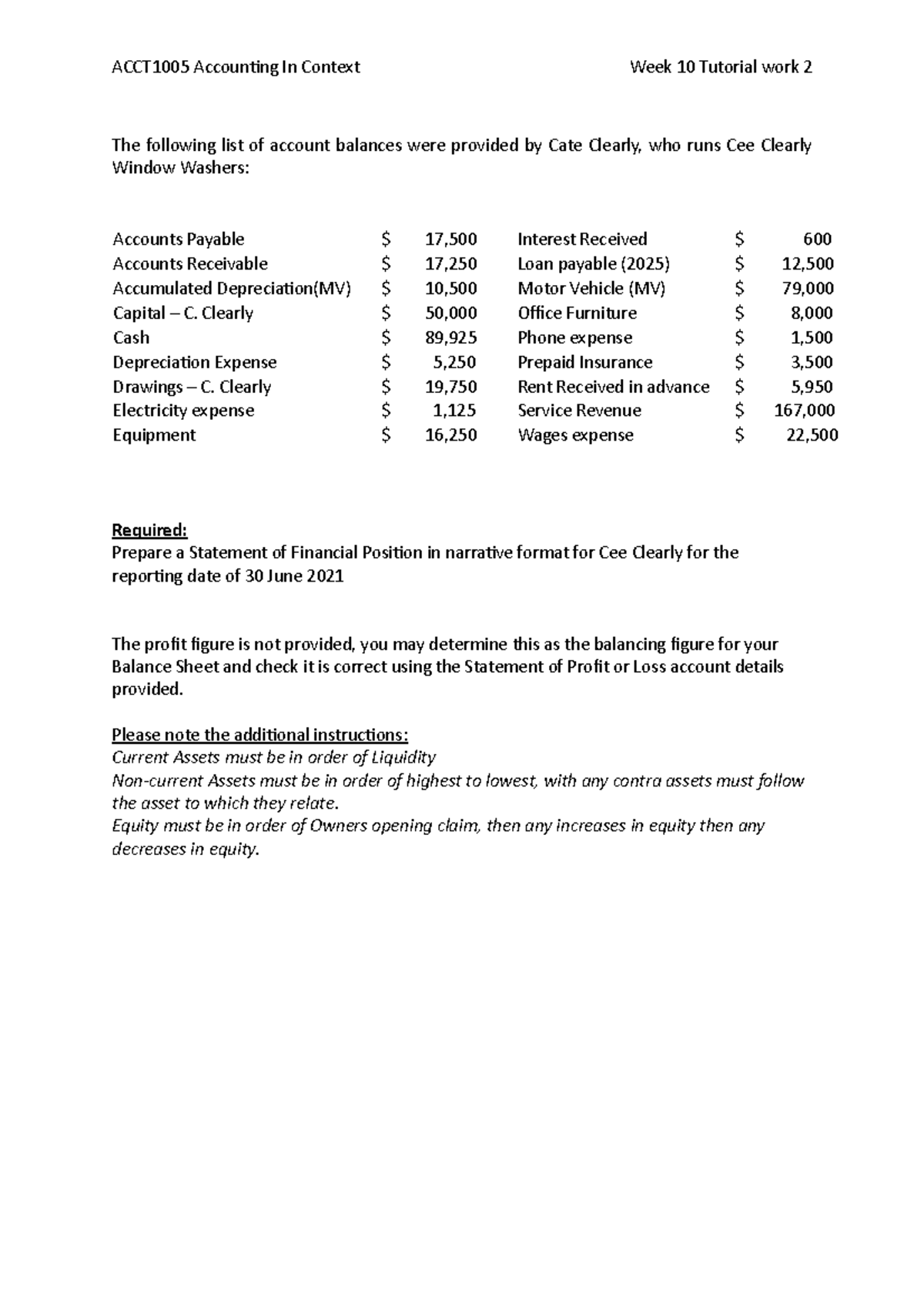 Week 10 Tutorial Question 2 - ACCT1005 Accounting In Context Week 10 Tutorial work 2 The ...