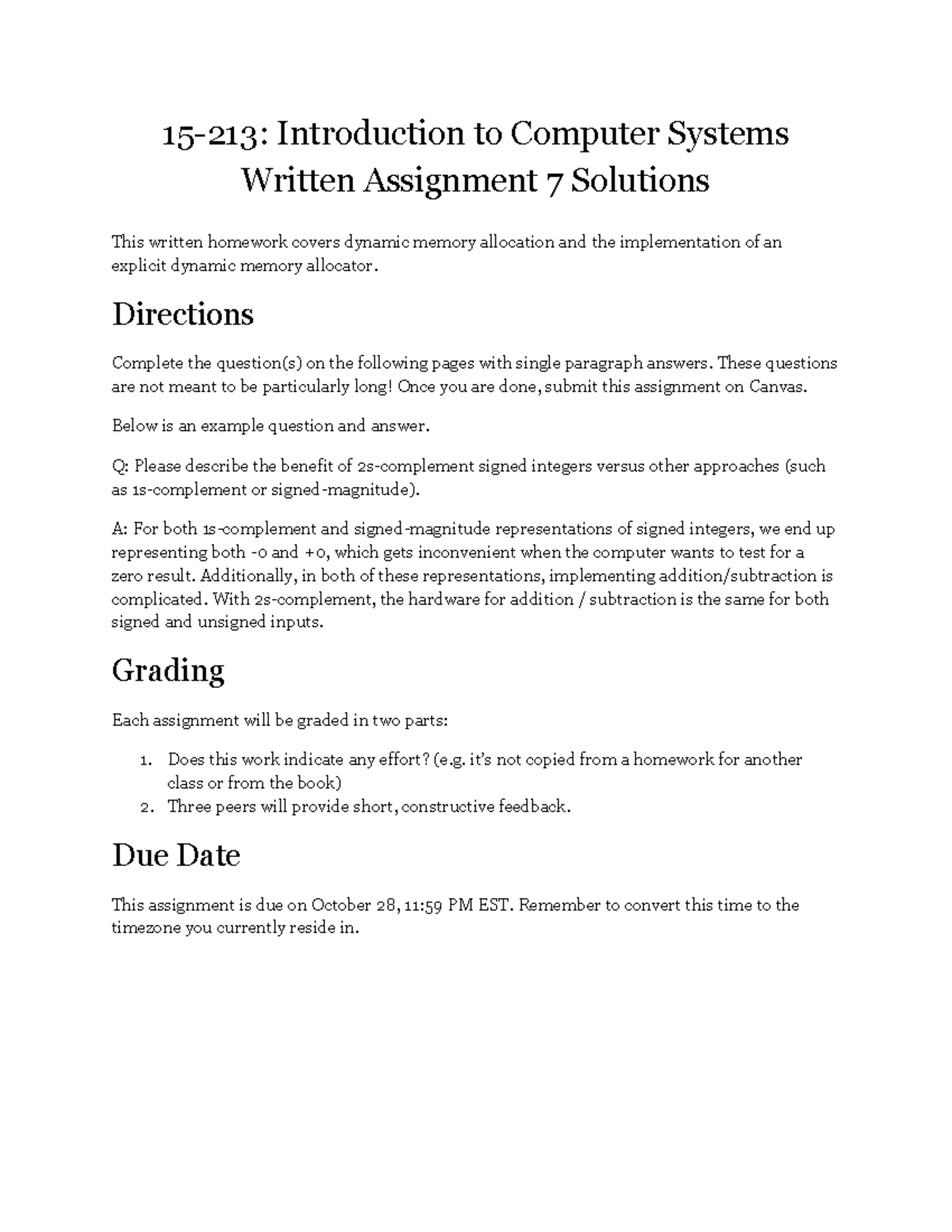 Written Assignment 7 Solutions-1 - 15-213: Introduction to Computer ...