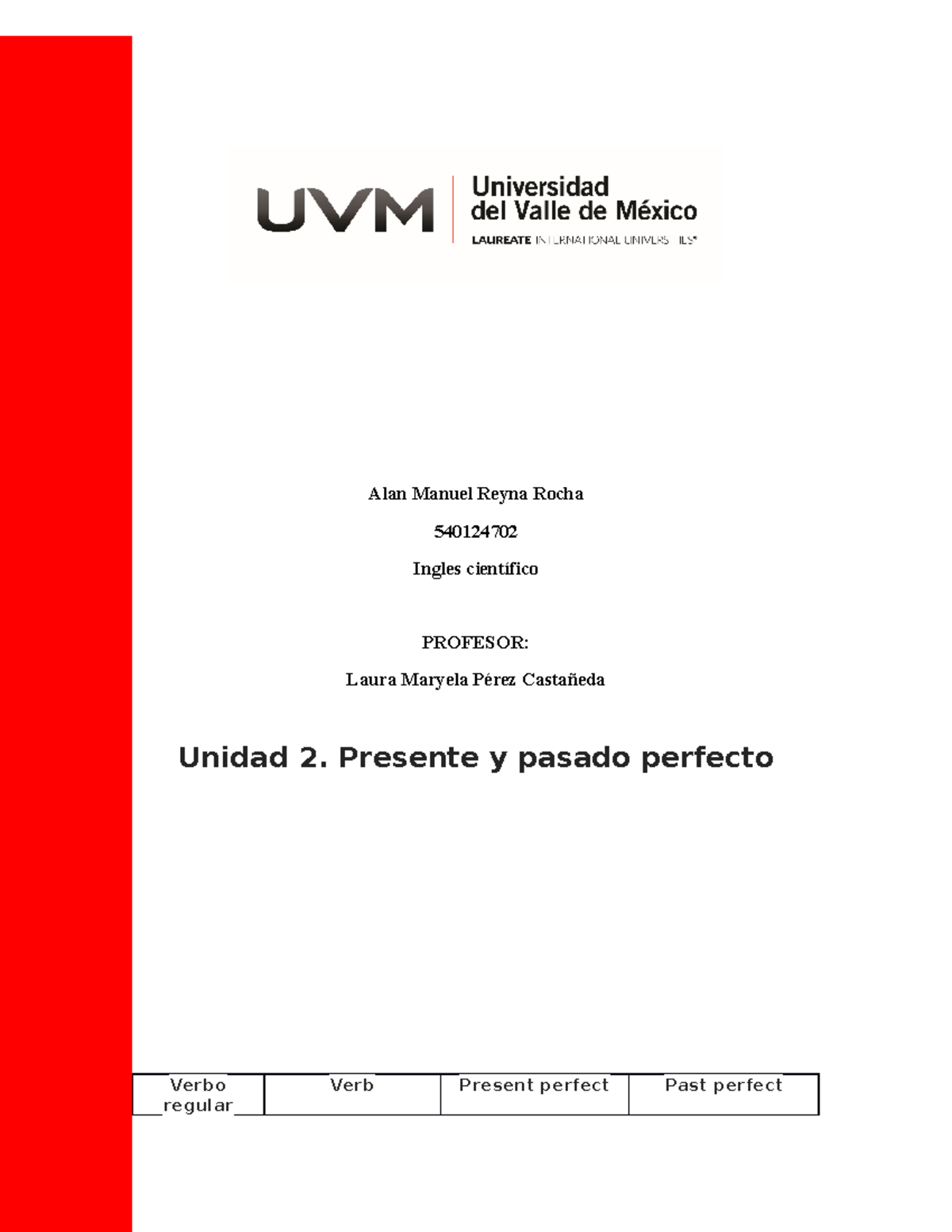 Unidad 2 presente y pasado perfecto - Alan Manuel Reyna Rocha 540124702 ...