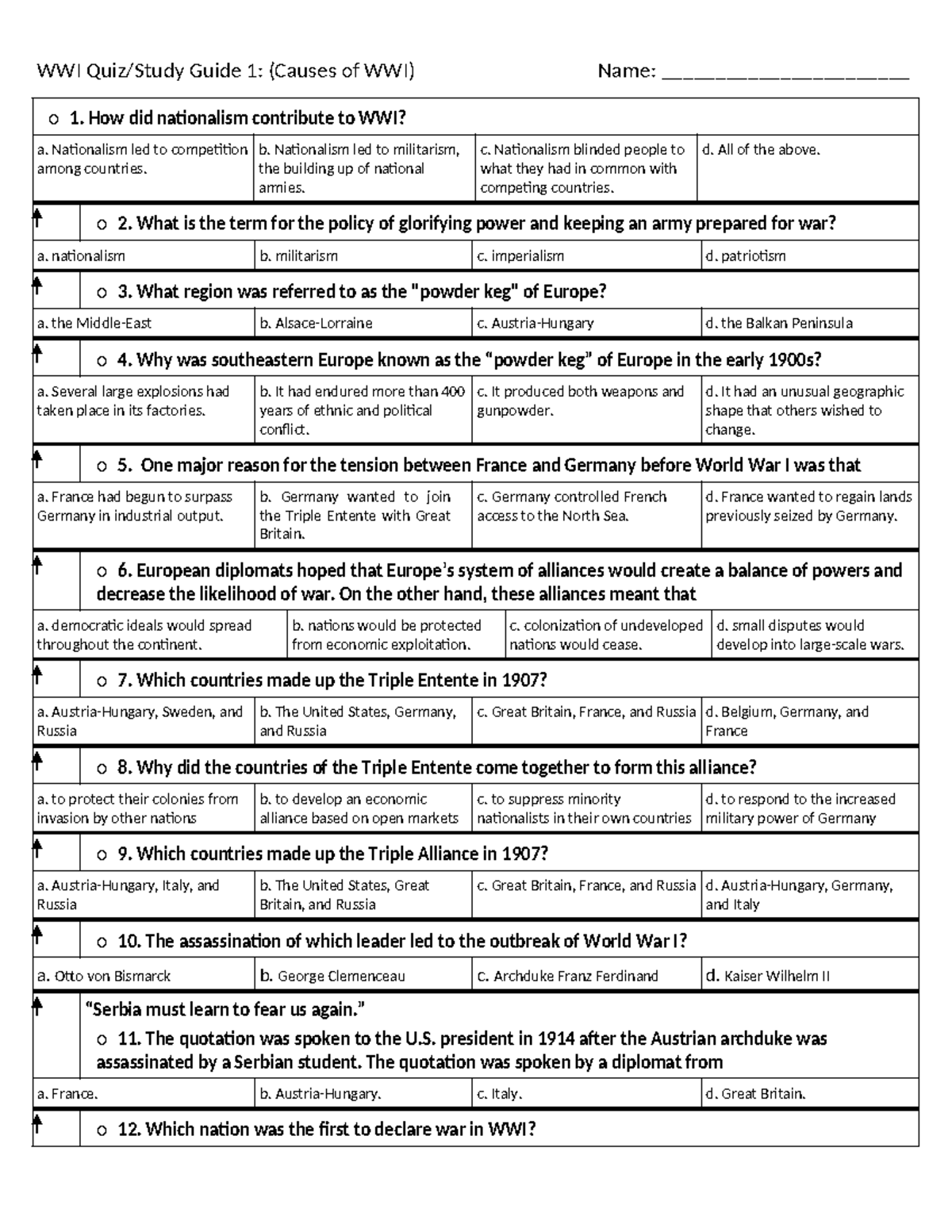 WWI Multiple Choice Practice Exam - WWI Quiz/Study Guide 1: (Causes of ...