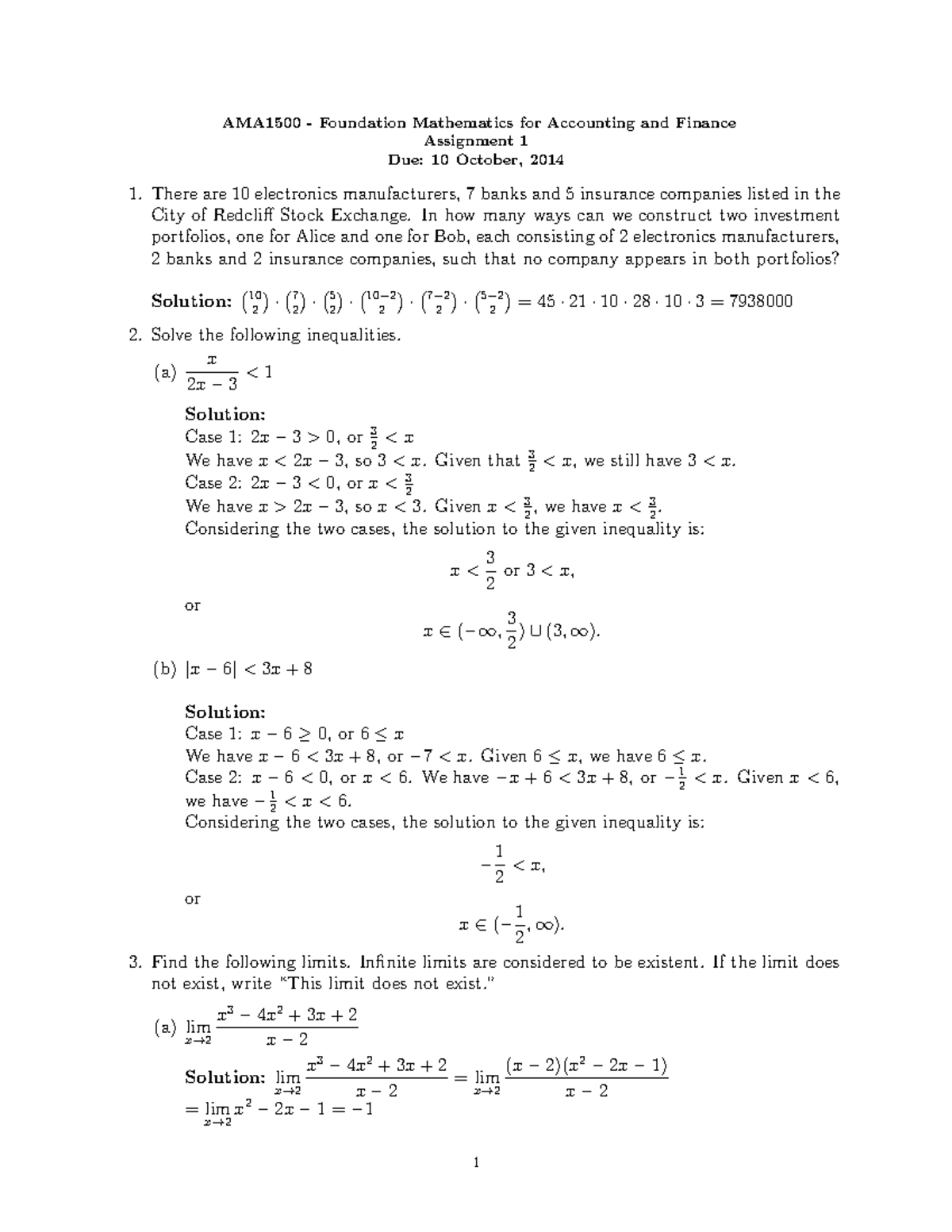 AMA 1500 Assignment 1 solution - AMA1500 - Foundation Mathematics for ...