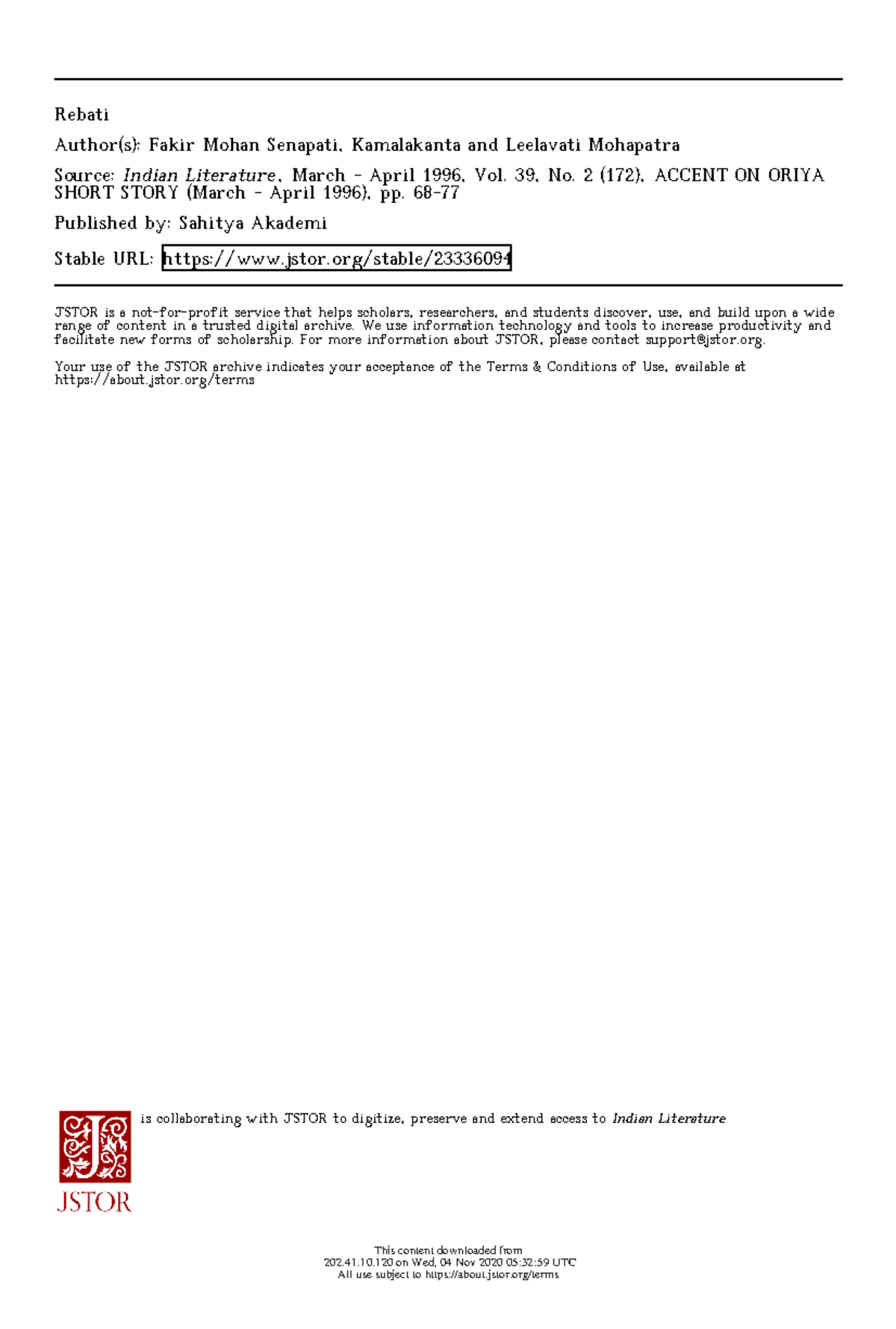 Rebati text - Summary English Literature - Rebati Author(s): Fakir ...