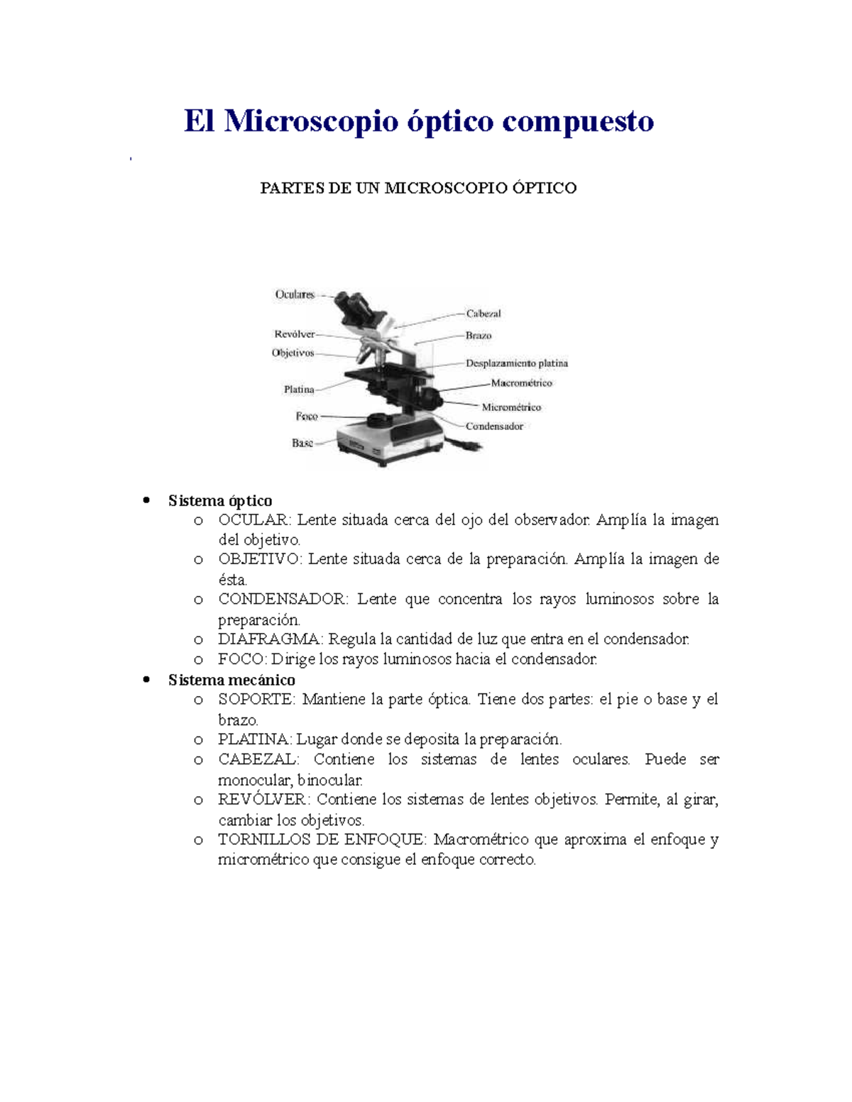 Microscopio Ó Ptico Compuesto - El Microscopio óptico compuesto PARTES ...