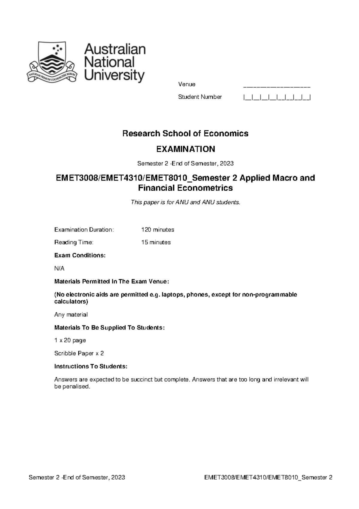 Sample - Semester 2 - End of Semester, 2023 EMET3008/EMET4310/EMET8010 ...