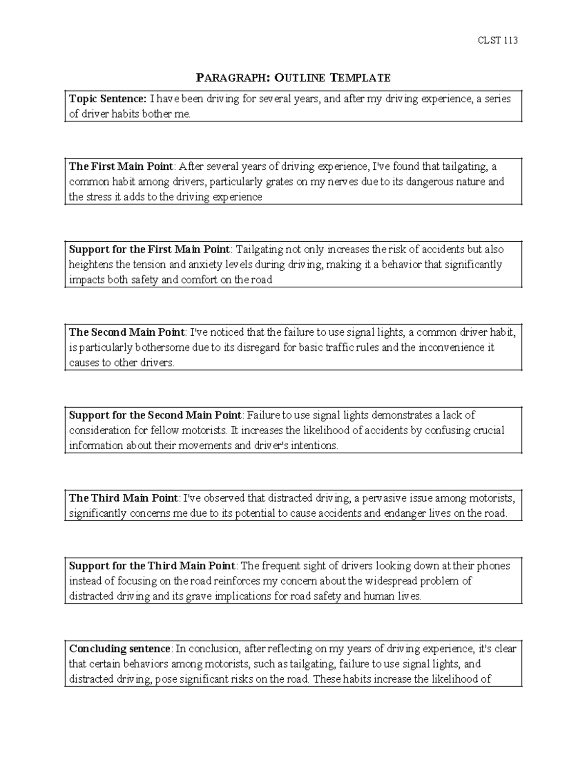Paragraph Outline Template - CLST 113 PARAGRAPH: OUTLINE TEMPLATE Topic ...