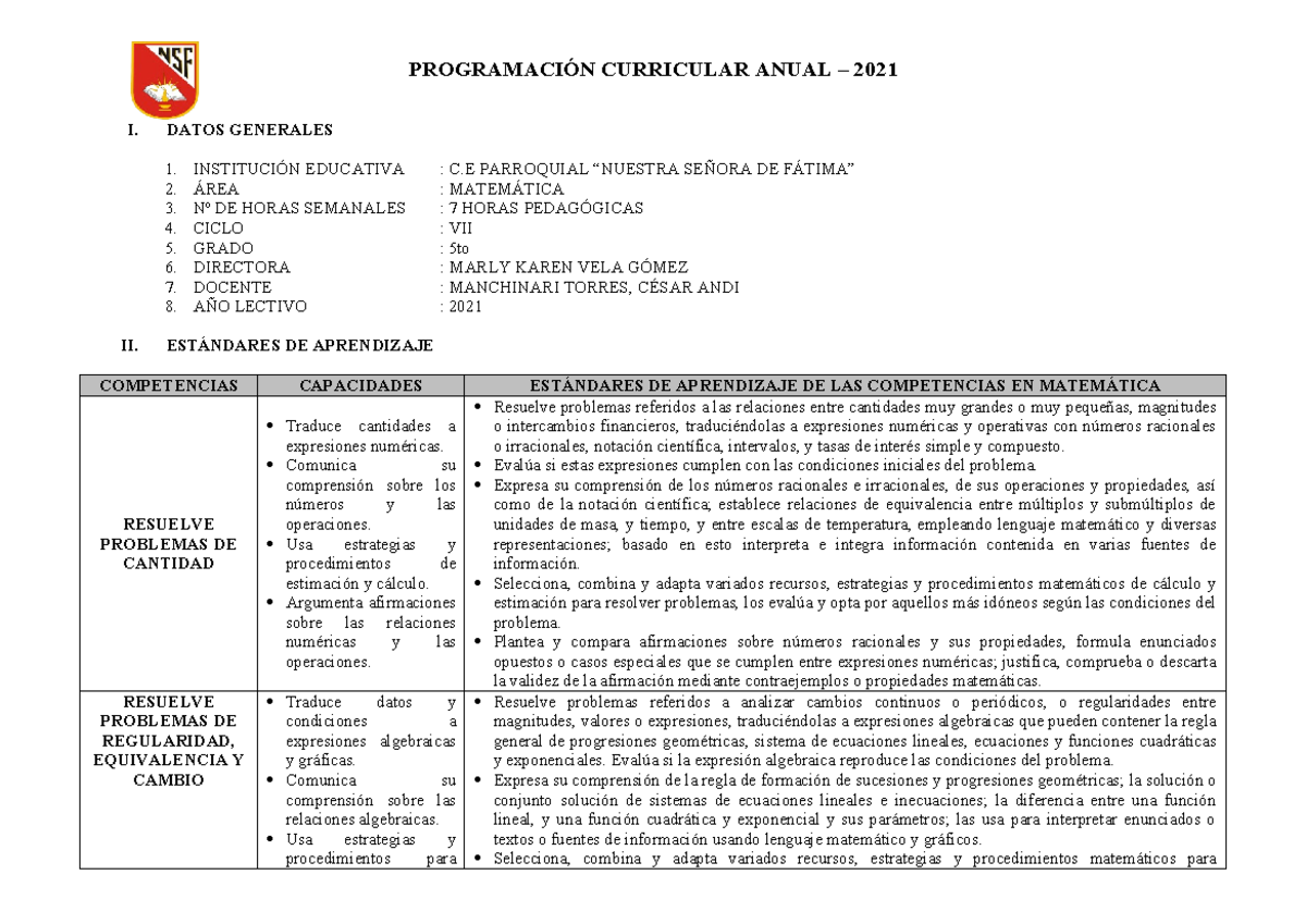Programación Anual - 5TO - 2021 - PROGRAMACIÓN CURRICULAR ANUAL – 2021 I. DATOS GENERALES 1 ...