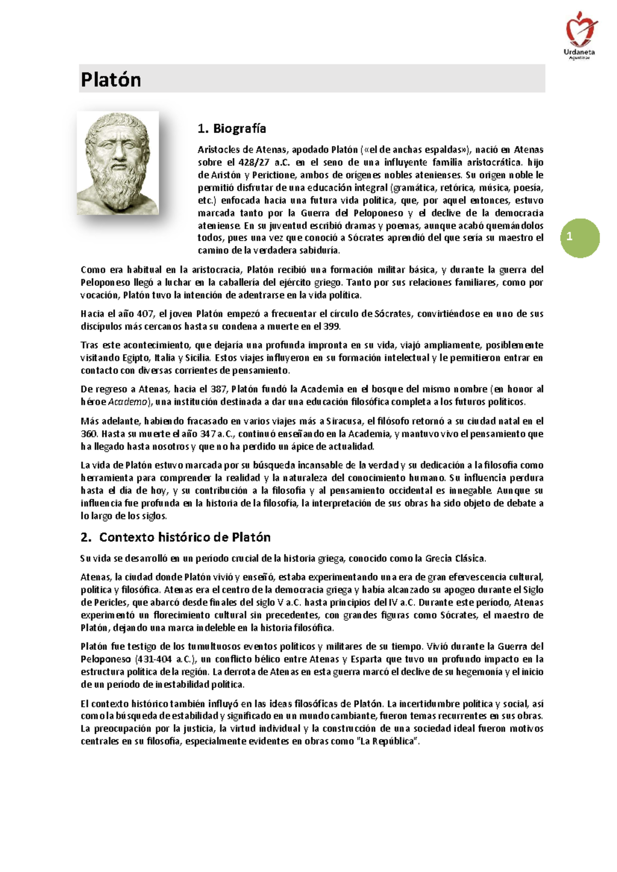 Platón- Apuntes - 1 Platón 1. Biografía Aristocles de Atenas, apodado ...