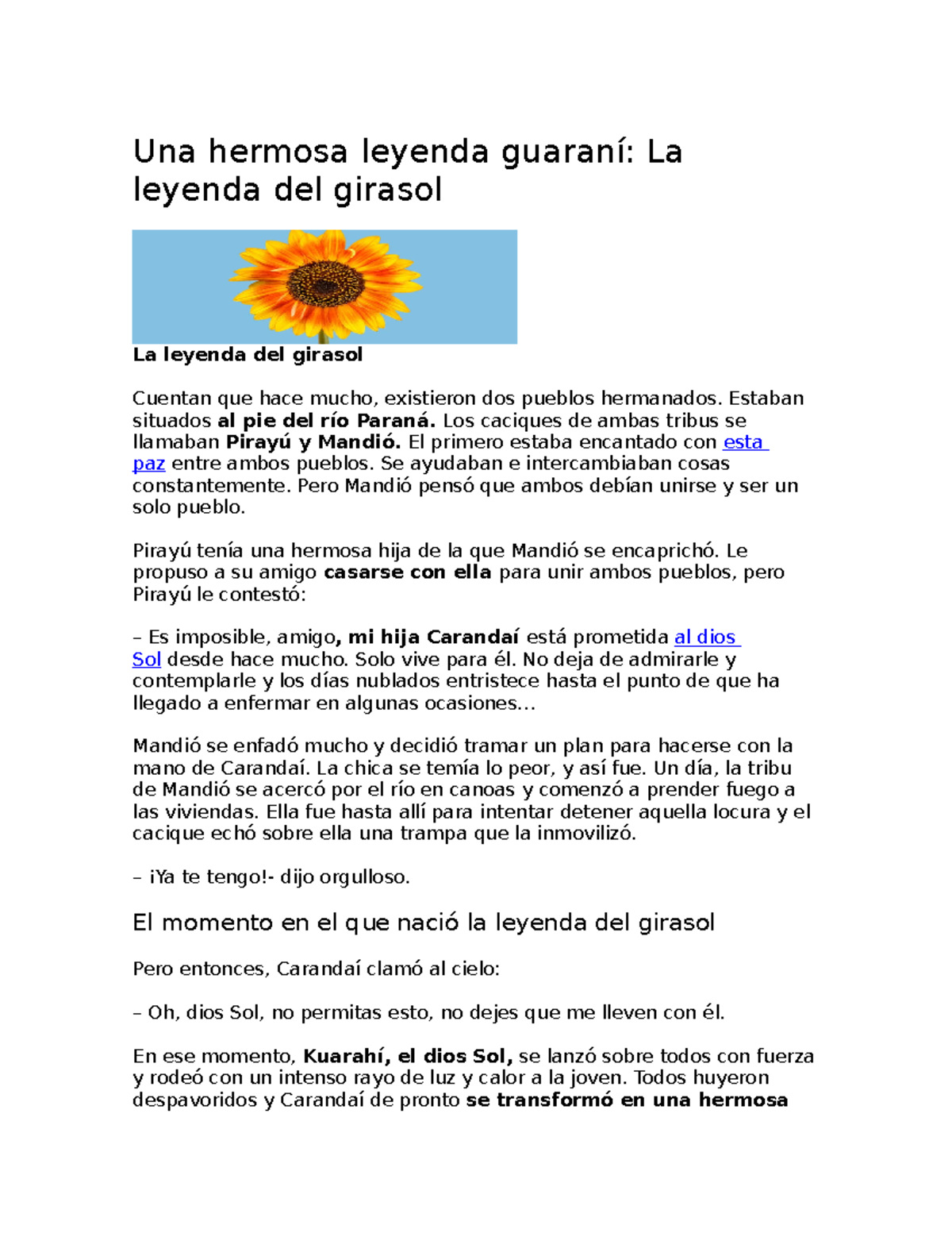 Girasol - resumen texto - Una hermosa leyenda guaraní: La leyenda del ...