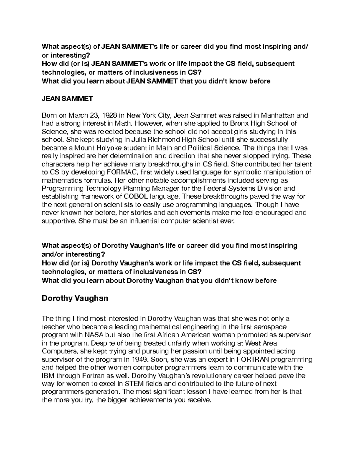 3 great women in CS - What aspect(s) of JEAN SAMMET’s life or career ...