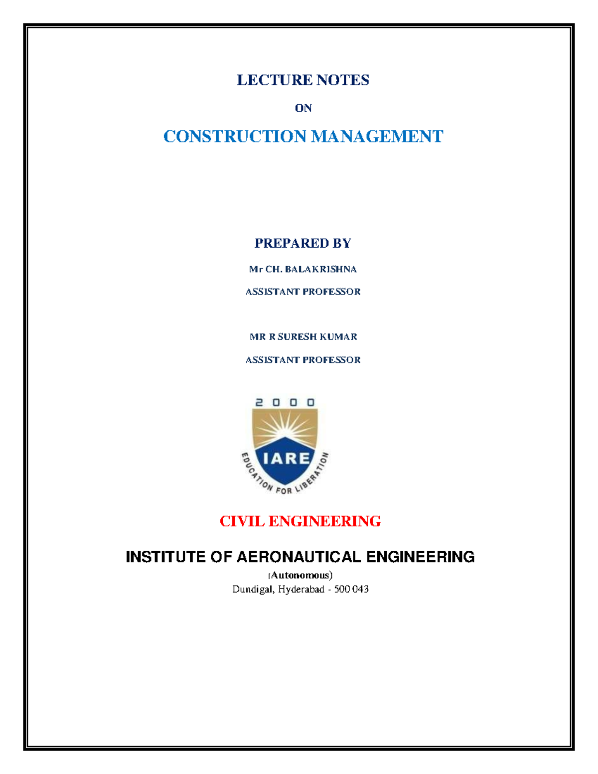 Construction Management Lecture Notes - LECTURE NOTES ON CONSTRUCTION ...