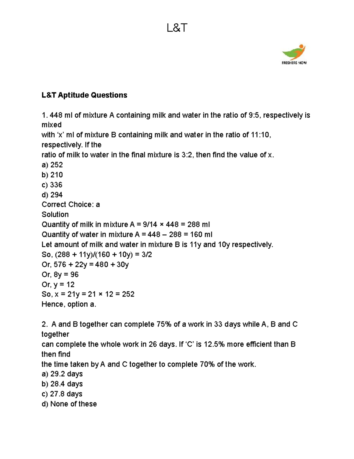 LT Model Placement Paper - L&T Aptitude Questions 448 ml of mixture A ...