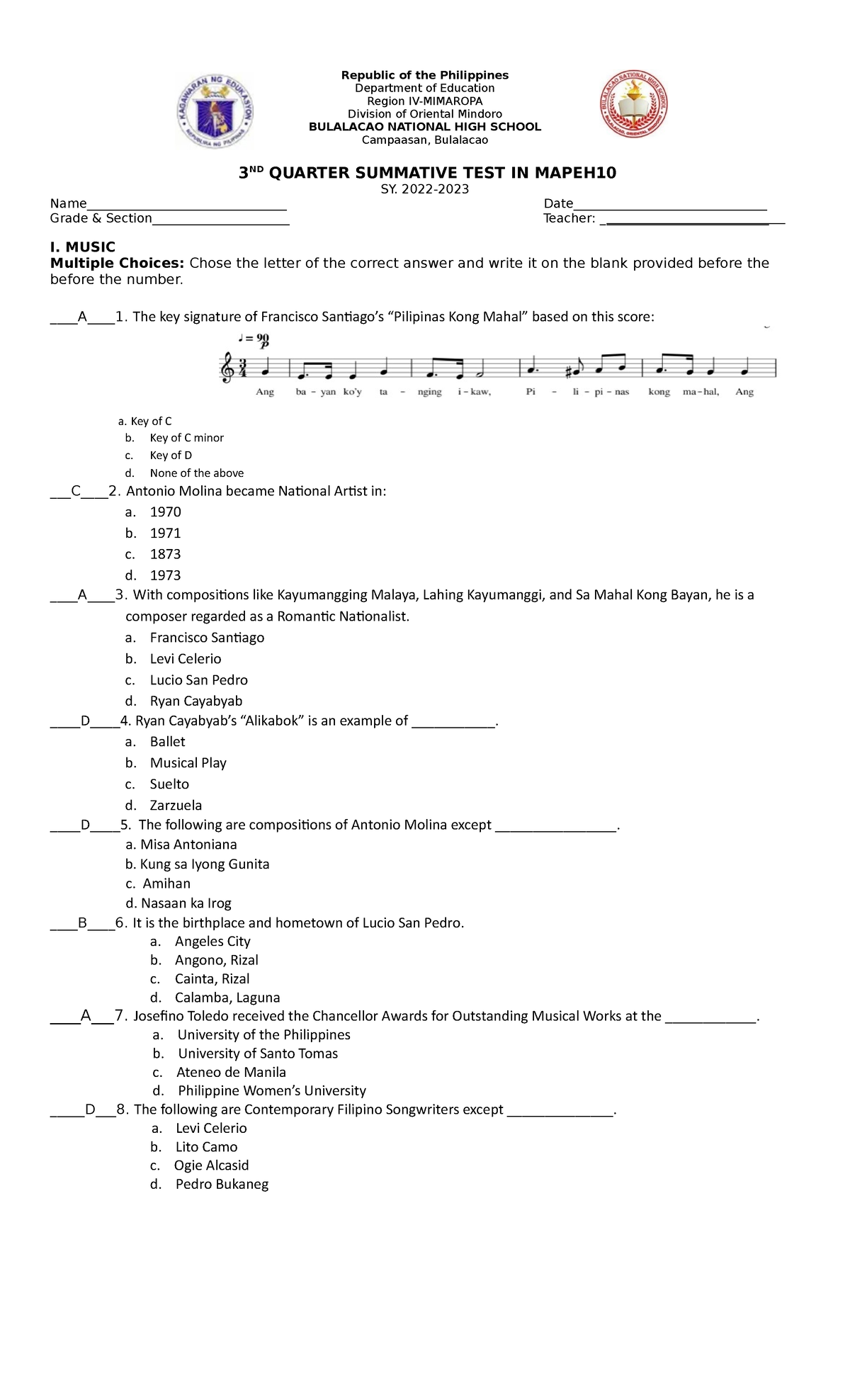 MAPEH 10 SUMMATIVE 3rd quarter - Republic of the Philippines Department ...