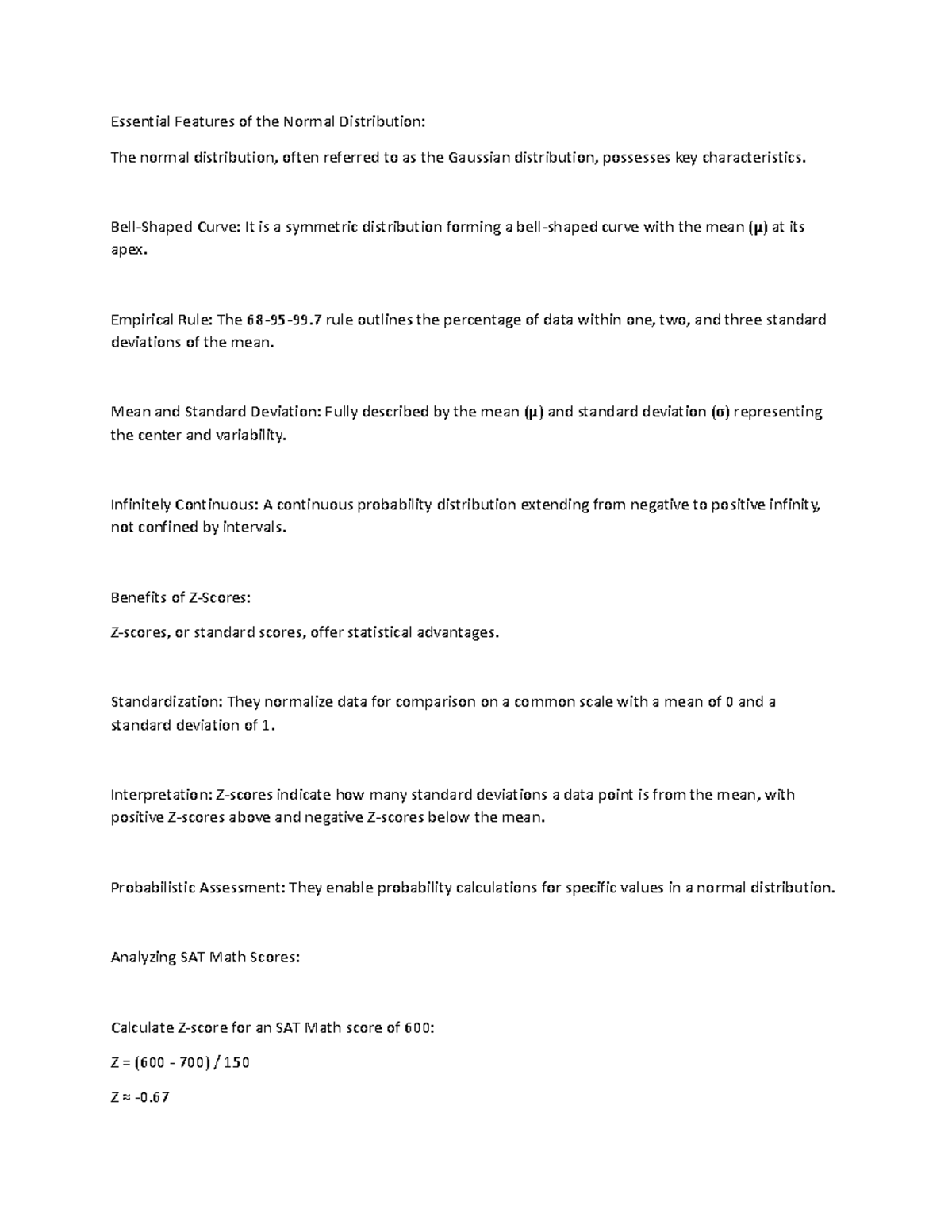 Discussion forum unit 7 - Essential Features of the Normal Distribution ...