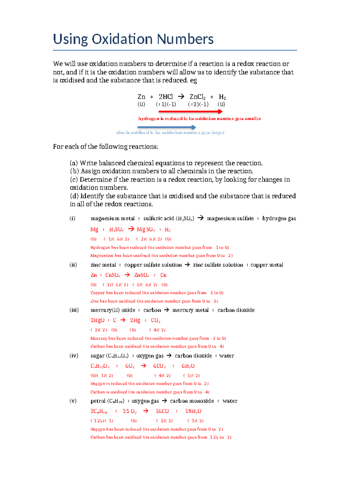 Using Oxidation Numbers Answers - Using Oxidation Numbers We will use ...